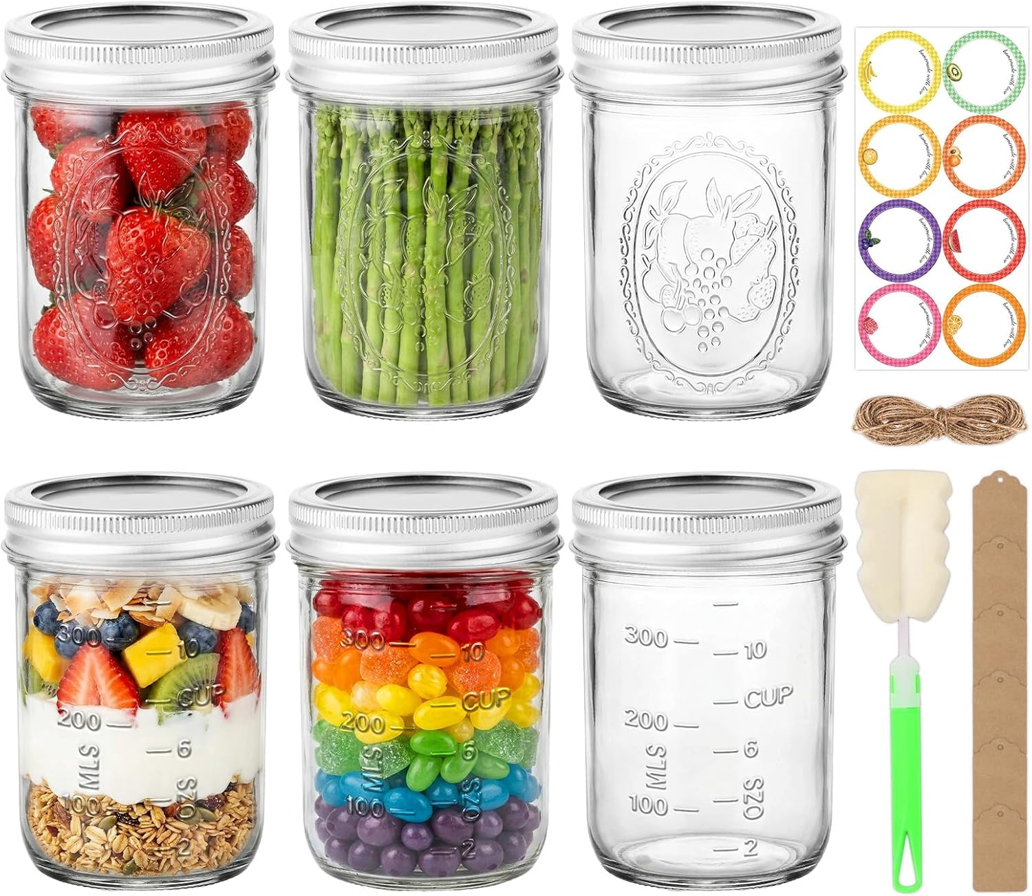 Wide Mouth Mason Jars 16 oz 6 Pack with Airtight Lids | Glass Canning ...