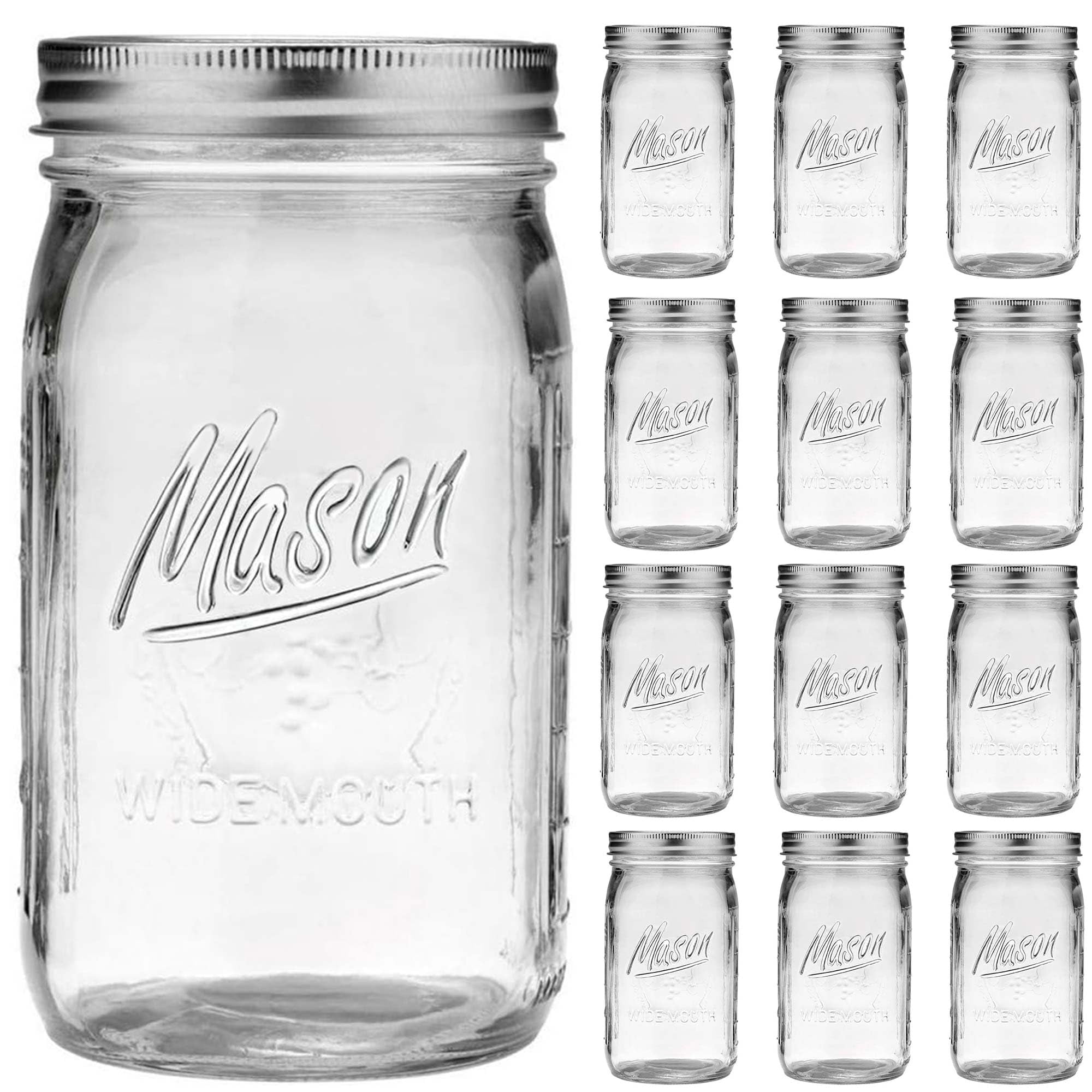 Wide Mouth Mason Jars 32 oz - 12 Pack Large Glass Mason Jars with ...