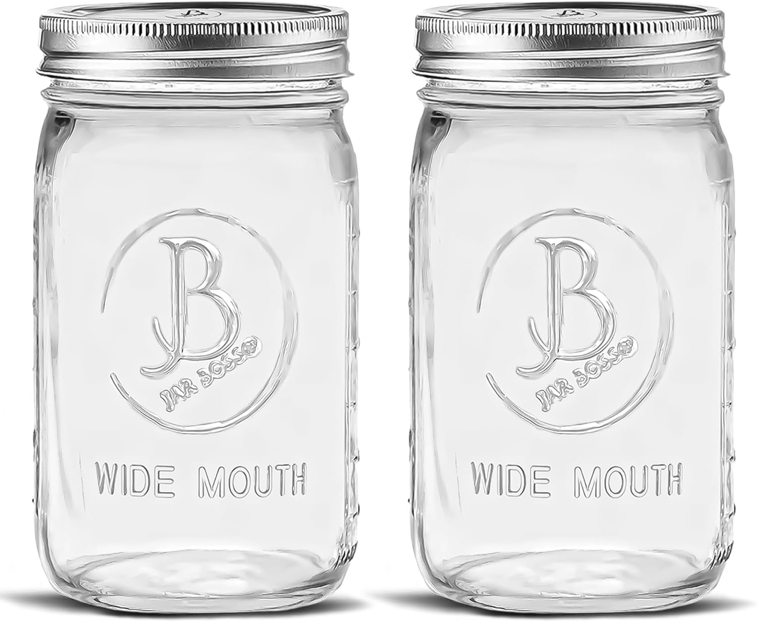 Jar Boss Wide Mouth Mason Jars, 32 oz Clear Glass, Airtight Lids, 2 ...