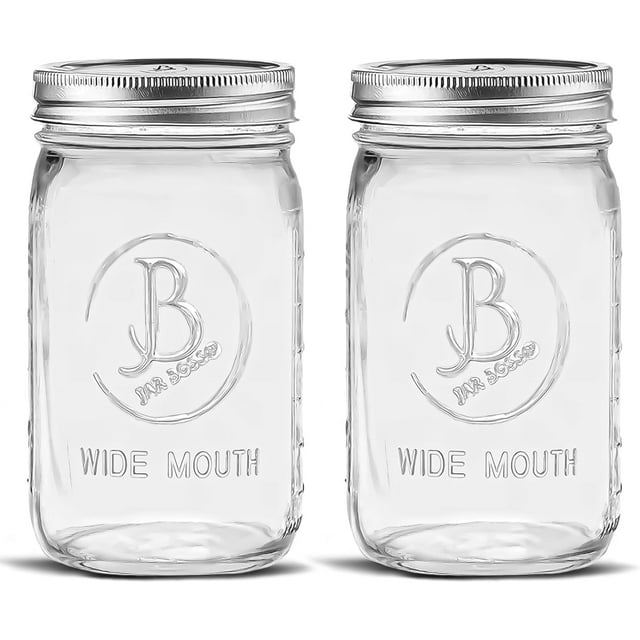 Jar Boss Big Crystal Clear 32 oz Wide Mouth Mason Jars with Airtight Lids and Bands - 2 Pack ...