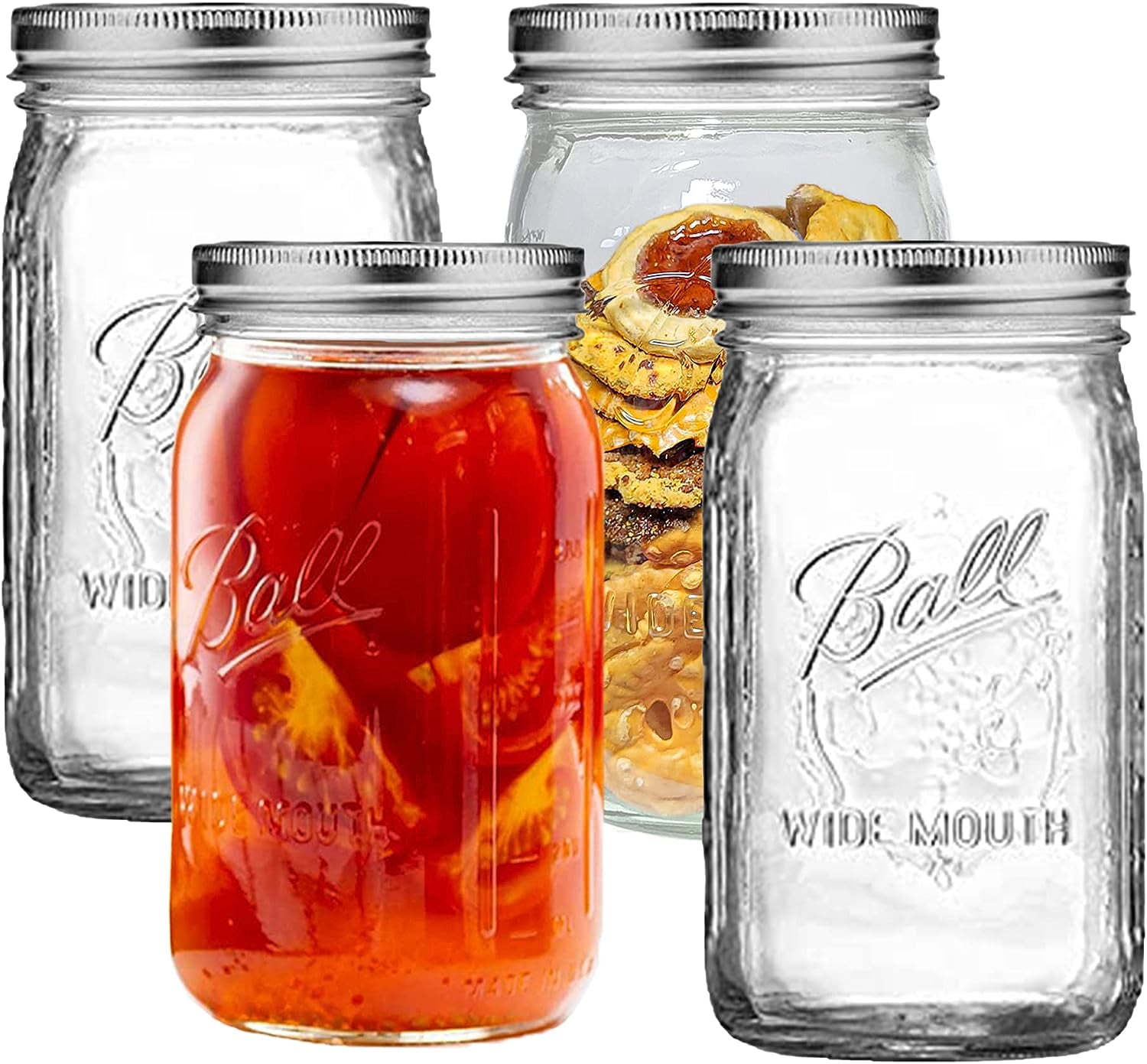 "Ball Wide Mouth Mason Jars 32 oz, 4 Pack, Airtight Lids, Freezer Safe ...