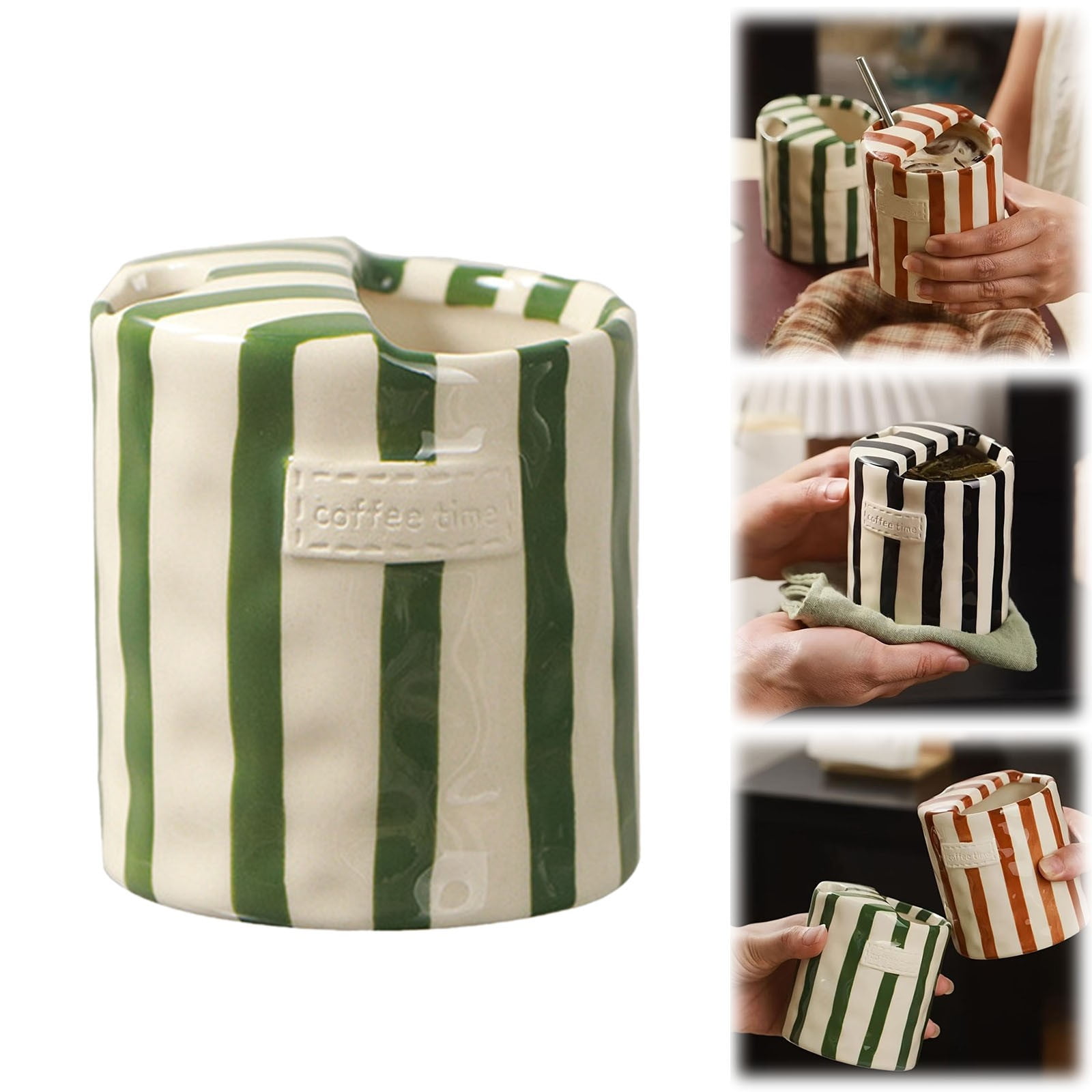 Wide Mouth Water Bottle,Retro Striped Hand Painted Ceramic Mark Hand ...