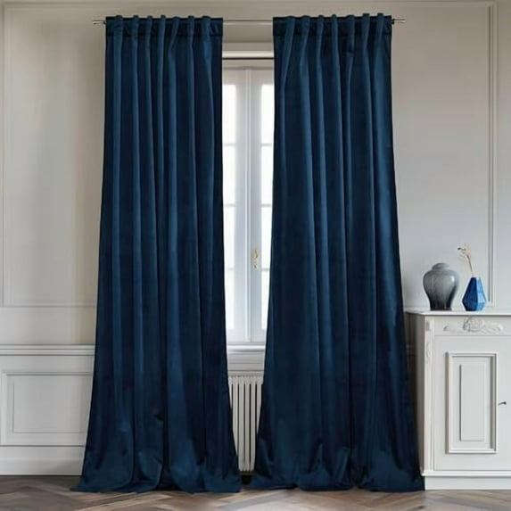 Wide Navy Blue Velvet Curtains Luxury Back Tab Blackout Bedroom Drapes ...