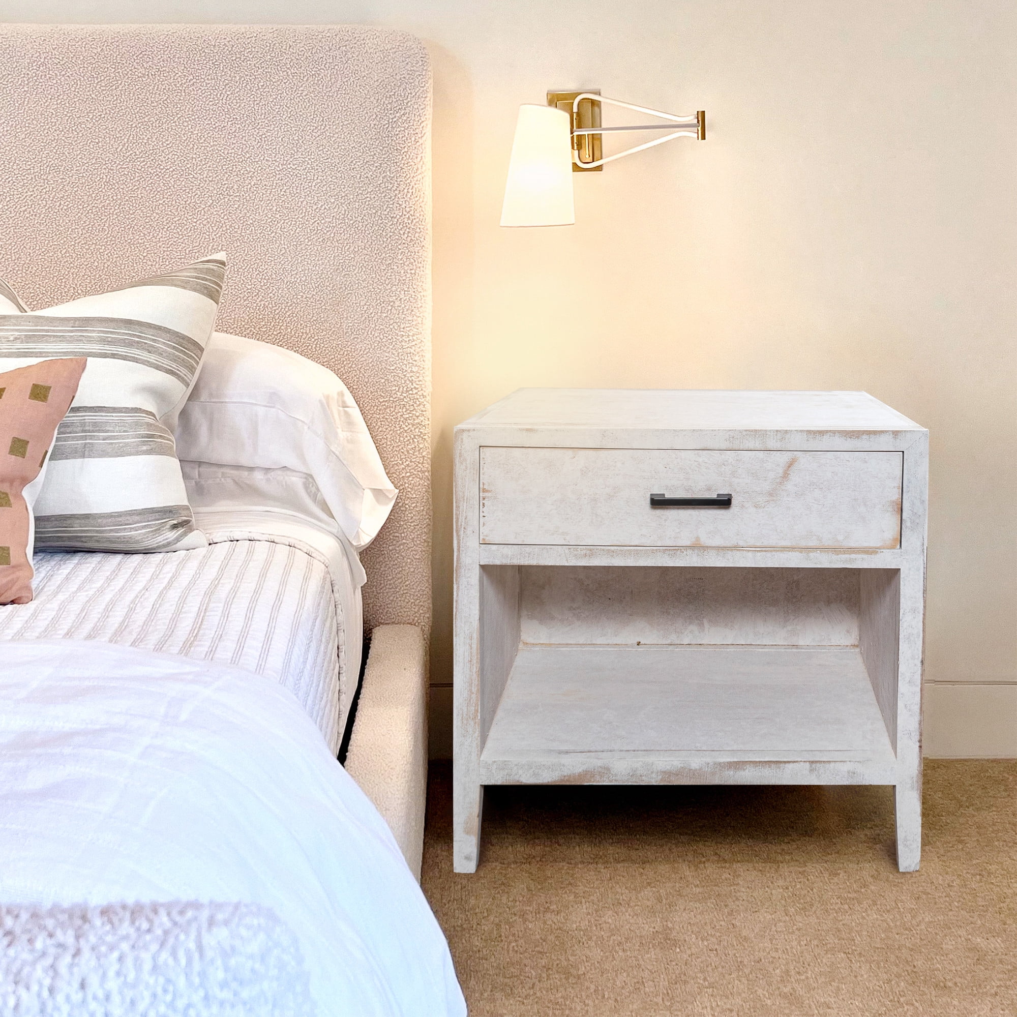 Wide Night Stand, 24‘’ Bedside Table with Storage White Solid Wood,1 ...