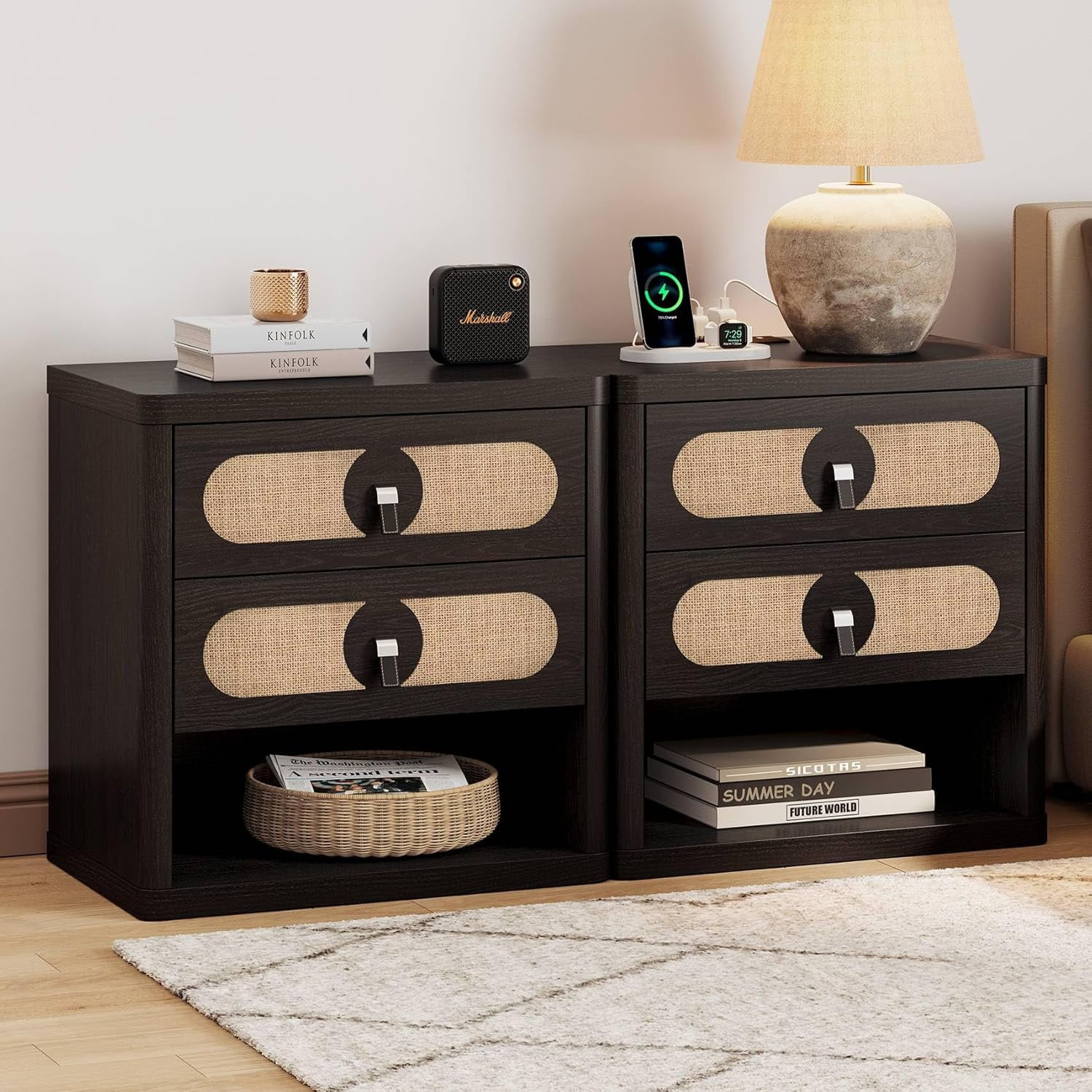 Wide Night Stand Set of 2 with Charging Station and USB-C Port, 24 ...