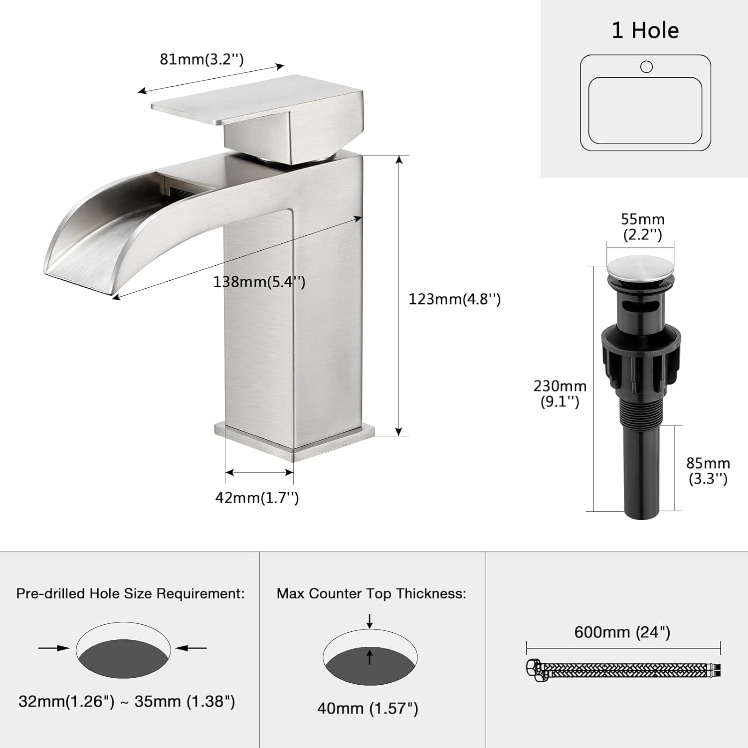 Wide Open Spout Waterfall Bathroom Faucet Single Handle Brushed Nickel ...