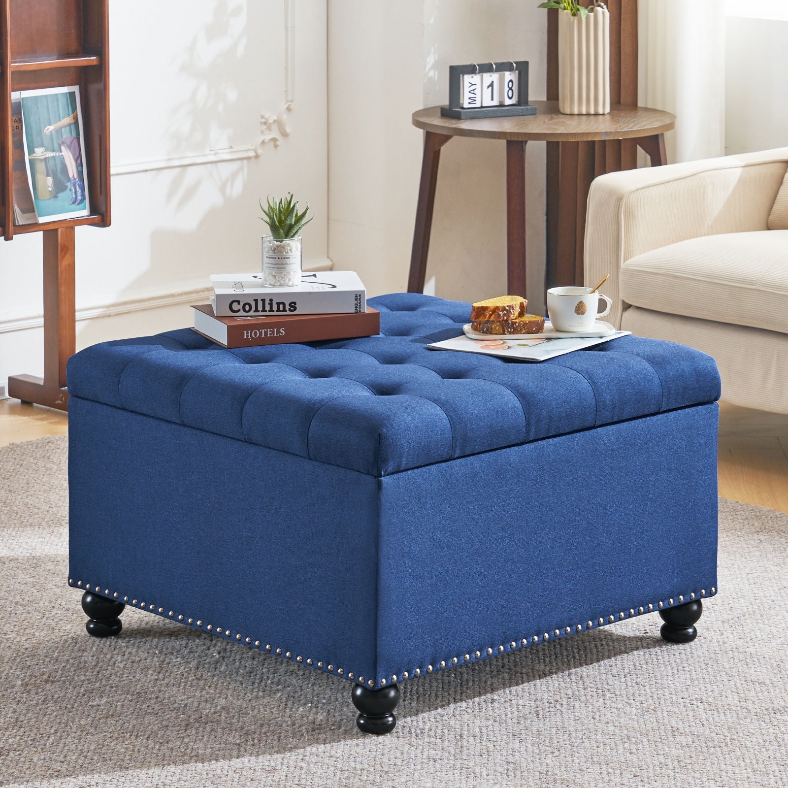 Wide Oversized Storage Ottoman, 29.25 inch Linen Foot Rest Stool ...