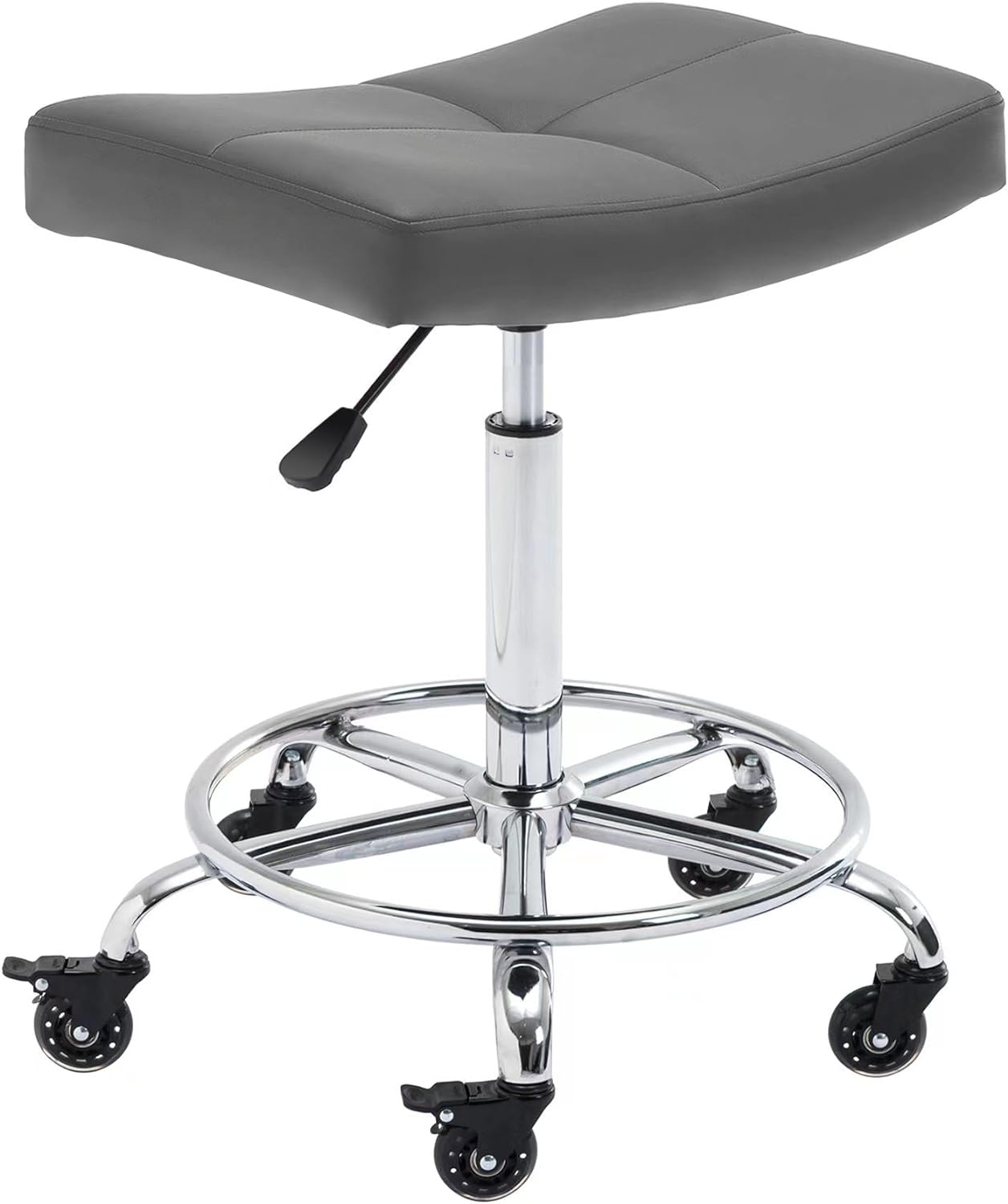 Wide Rolling Stool with Lockable Rubber Wheels & Footrest - Adjustable ...