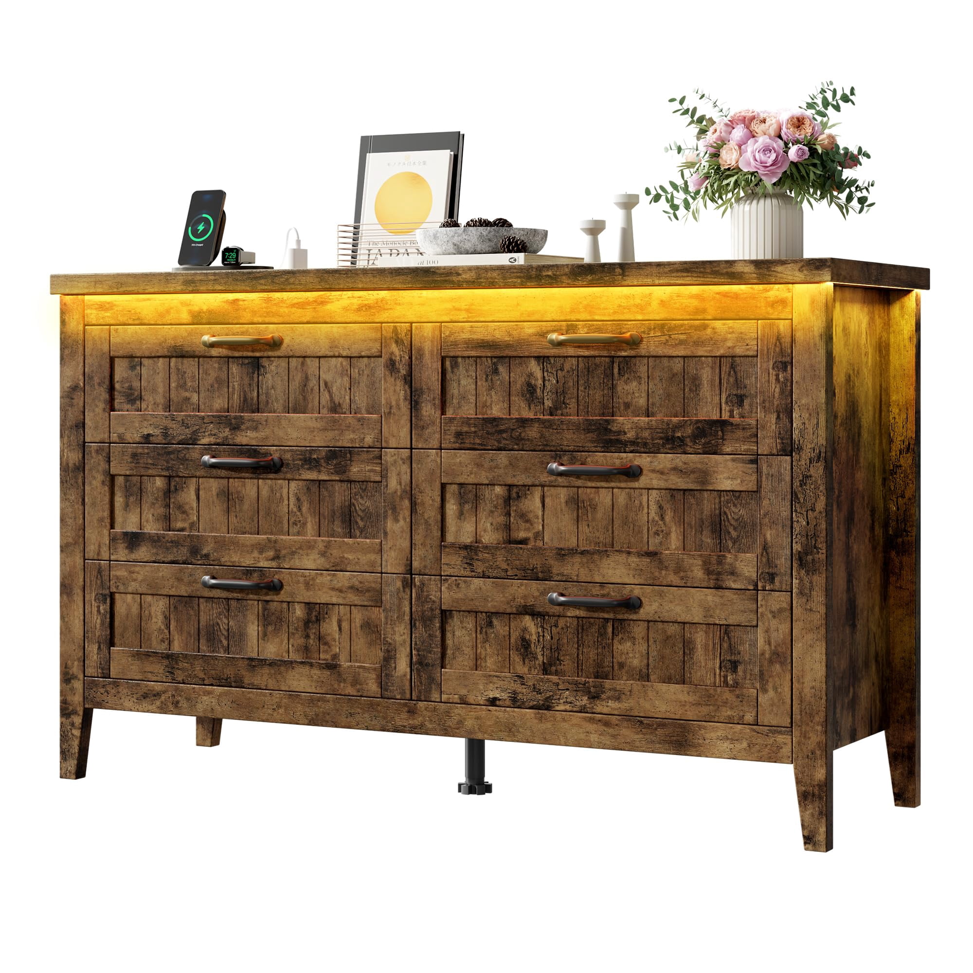 Wide Rustic Brown Dresser with LED Lights & Power Outlet - 6 Drawer ...