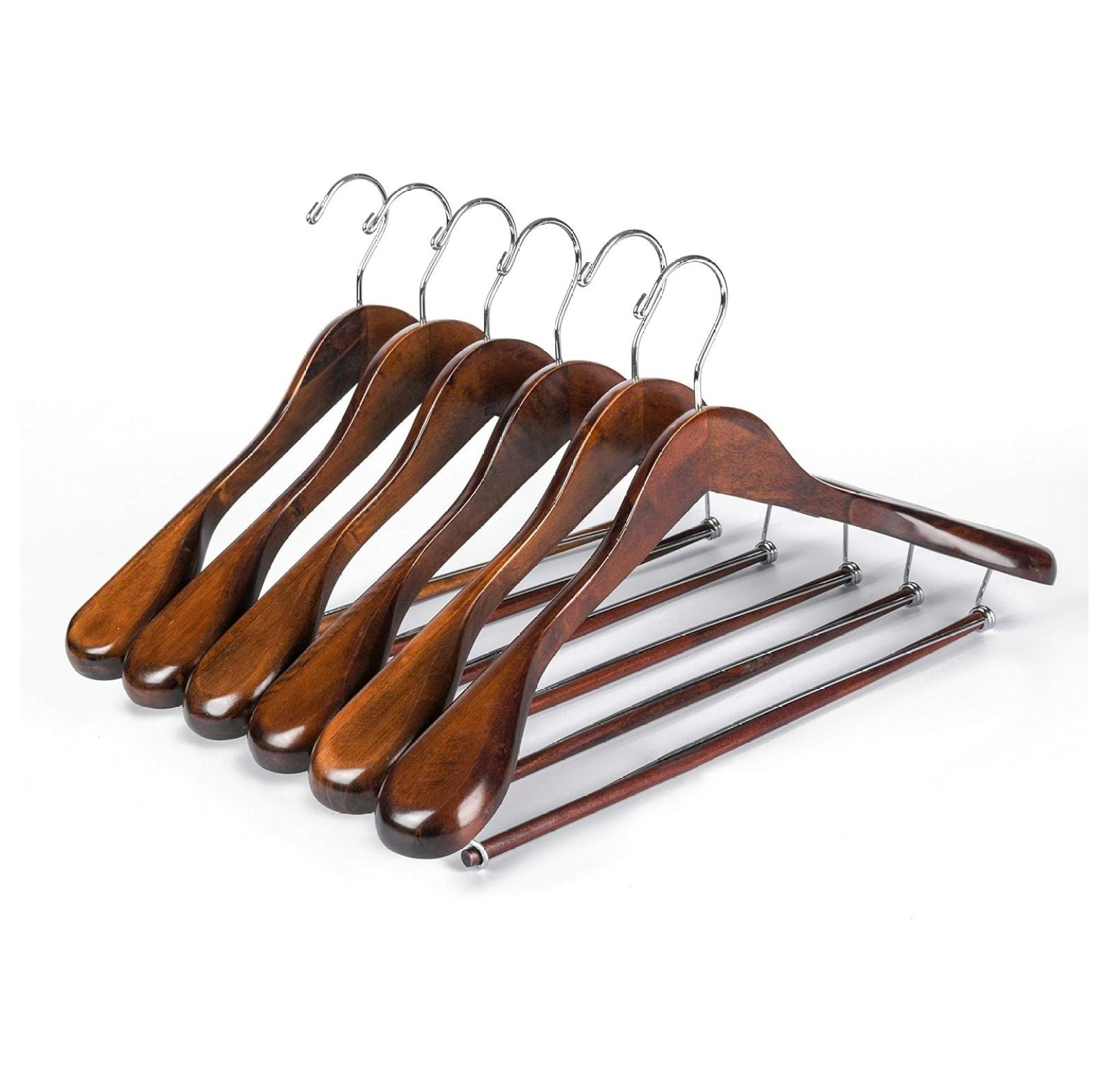 Wide Shoulder Wooden Hangers 6 Pack, with Locking Bar, Smooth Finish ...