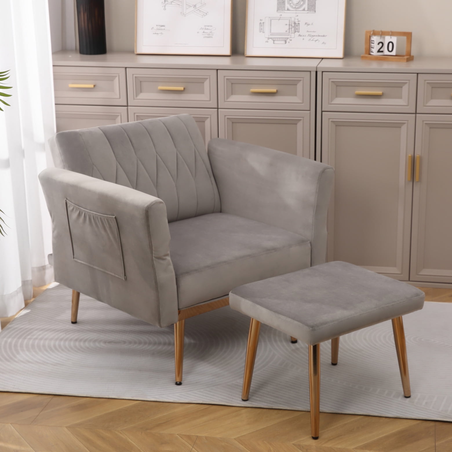 Wide Square Velvet Accent Chair with Ottoman, Upholstered Barrel Chair ...
