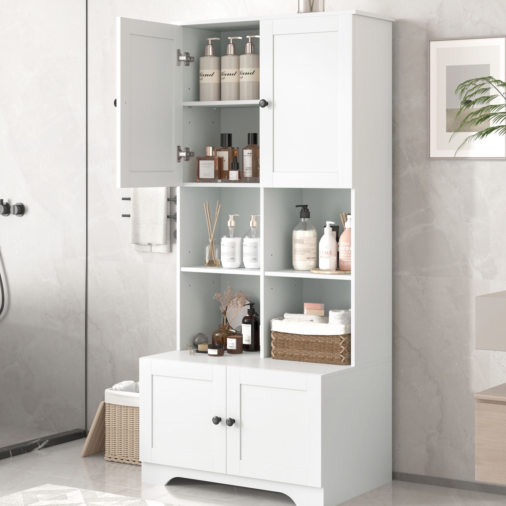 Wide White Bathroom Storage Cabinet with Anti - tipping / Protect from ...