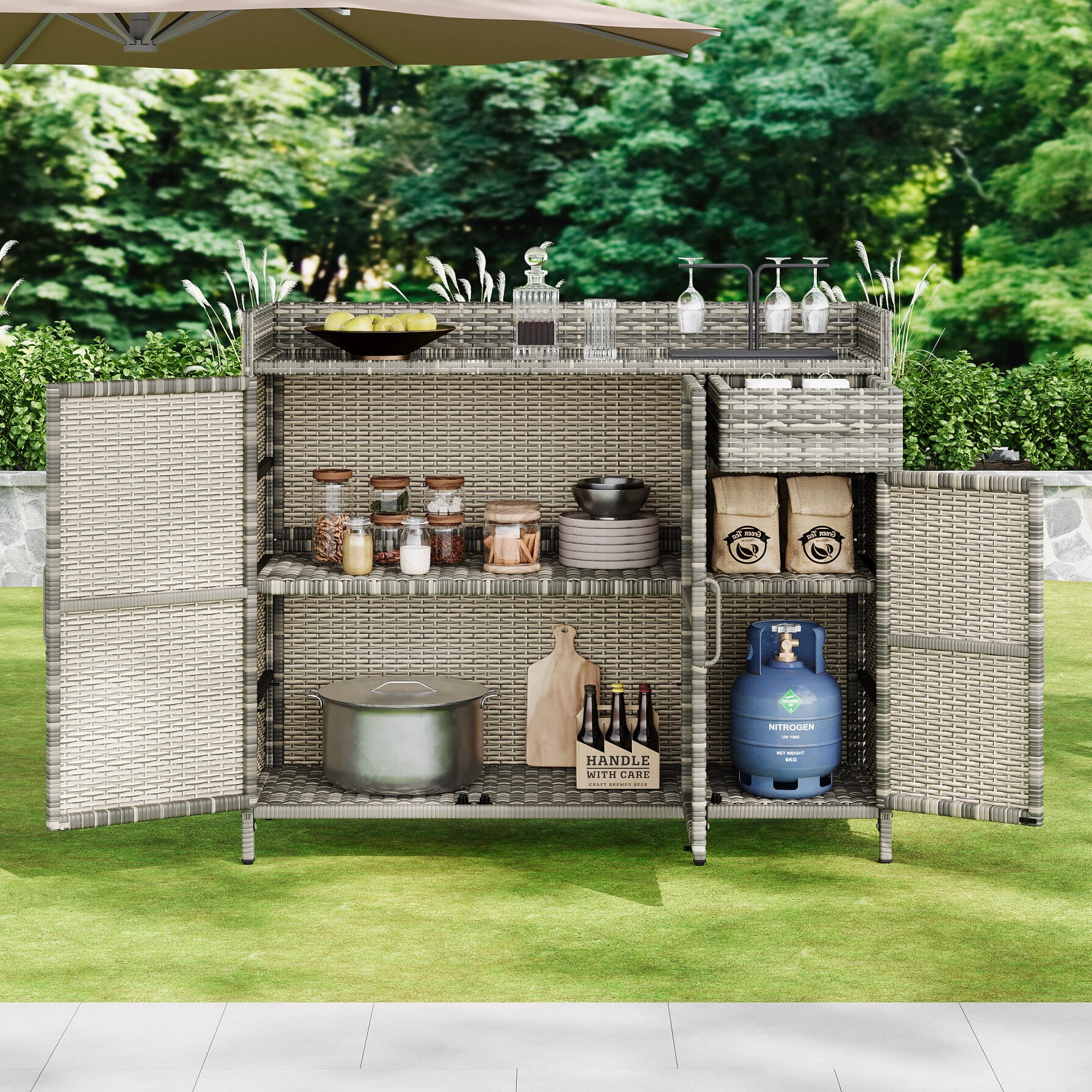 Wide Wicker Outdoor Storage Cabinet, Outside locker with Tempered Glass ...