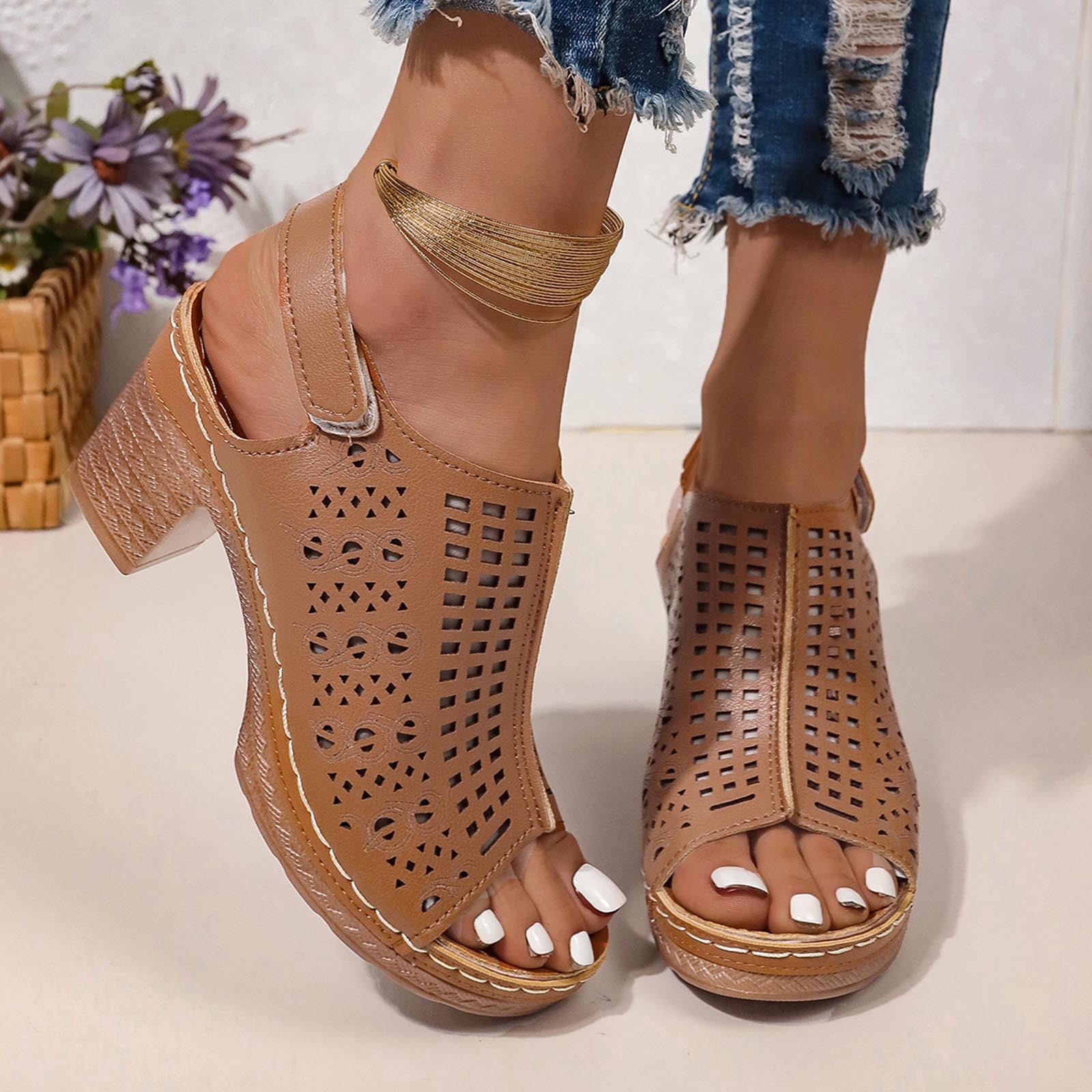 Wide Width Sandals for Women Plus Size Fit Peep Toe Design Buckle ...