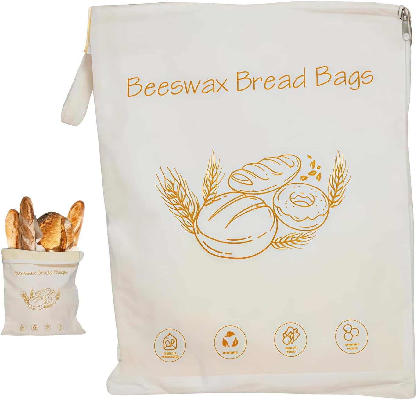 Wide Zipper Access Cotton & Beeswax Bread Bags, 17*13In Reusable 100% ...