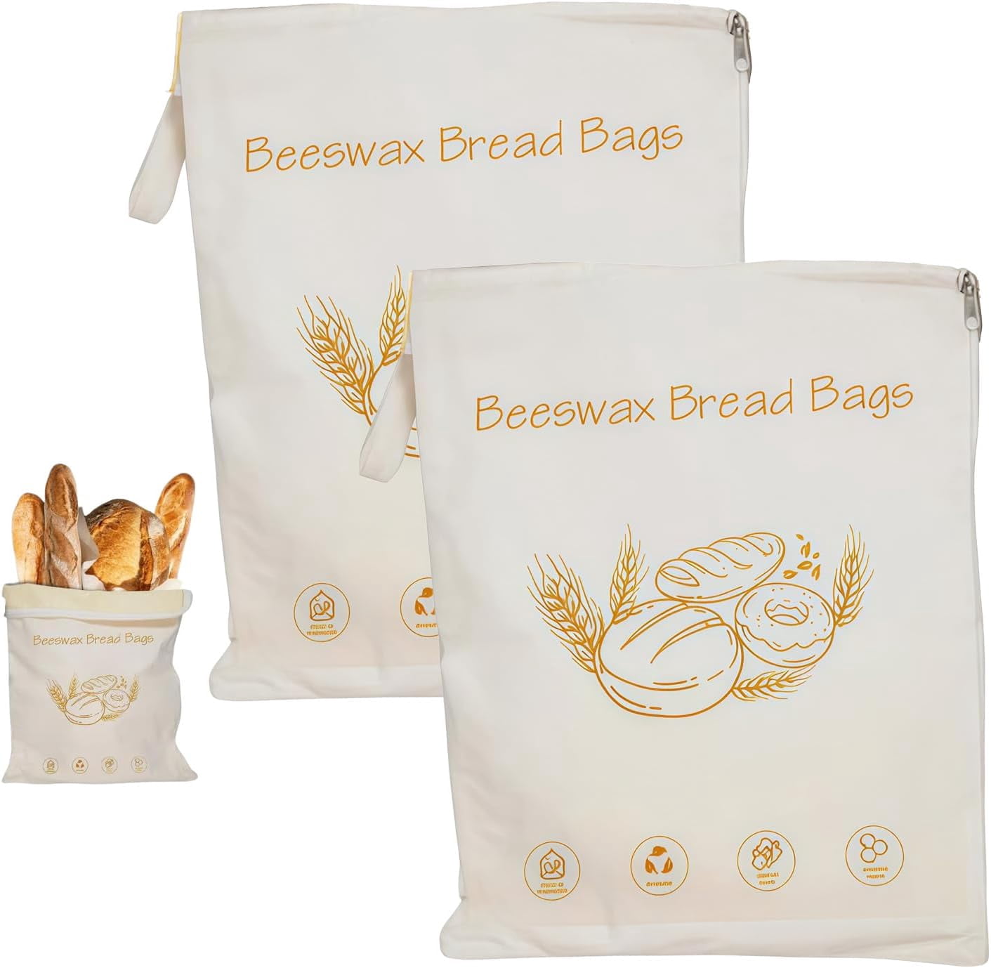 Wide Zipper Access Cotton & Beeswax Bread Bags for Sourdough, Reusable ...