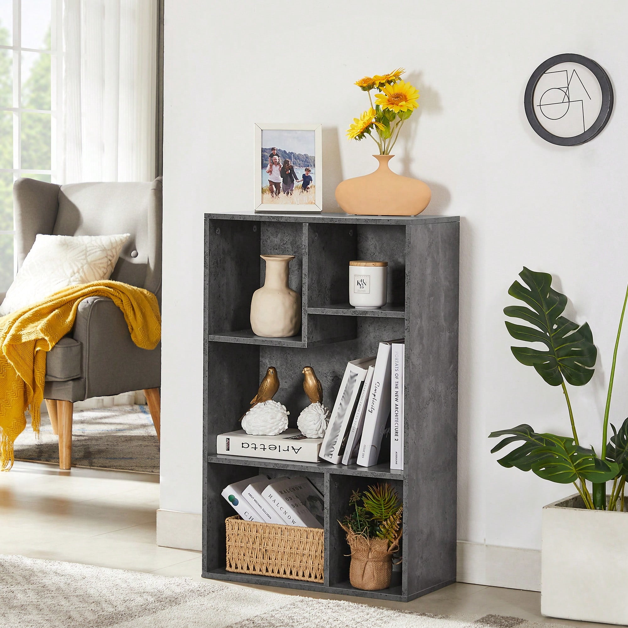 Widened Version, 3-Tier Five Open Cube Wooden Bookcase Organizer ...
