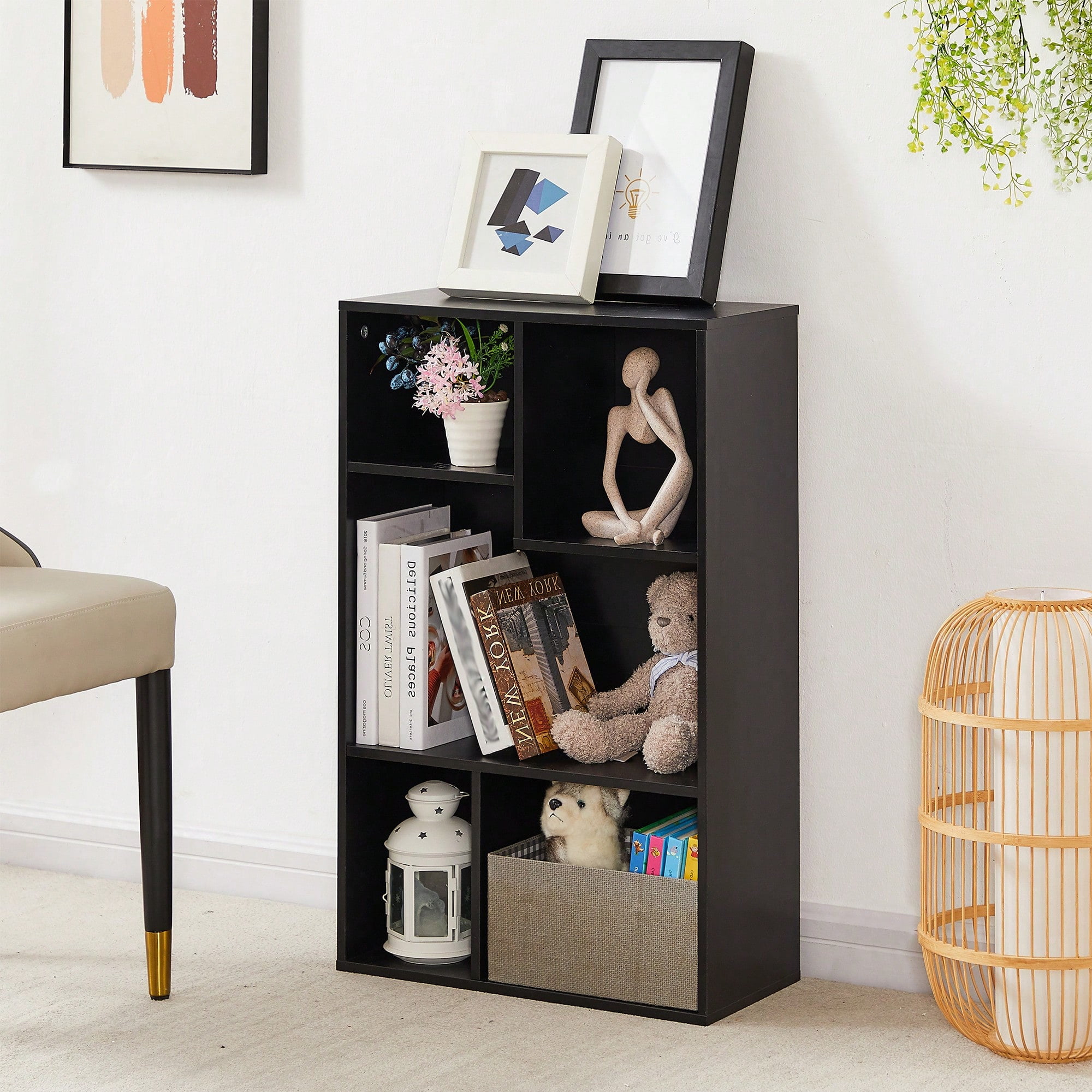 Widened Version, 3-Tier Five Open Cube Wooden Bookcase Organizer ...