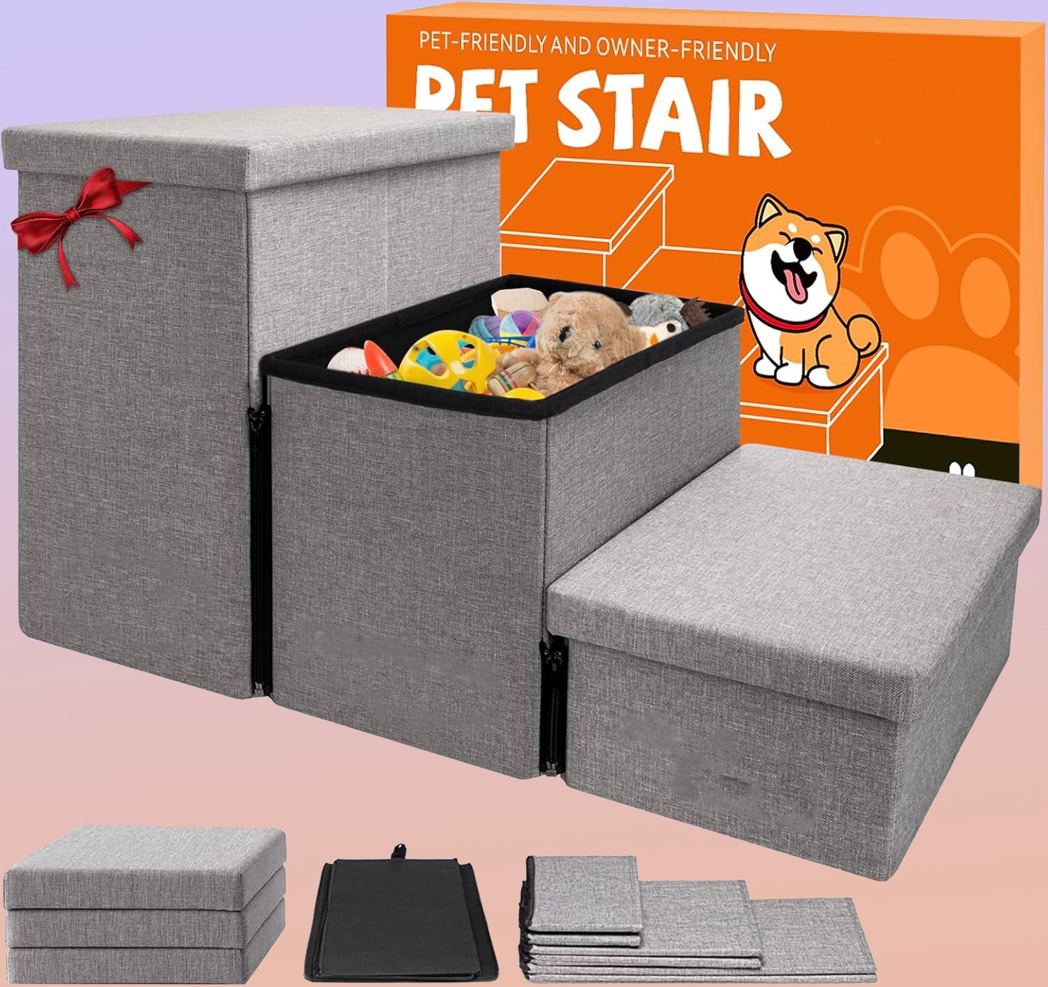 Wider Dog Stairs with Storage, 3-Step Sturdy Dog Steps for Large Medium ...