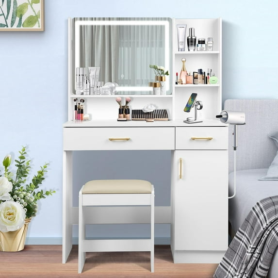 Widescreen Vanity Set with LED Mirror & Stool, Makeup Desk with Built ...