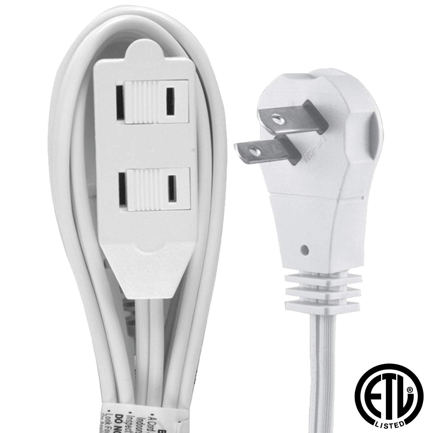 Wideskall 12 Feet 2 Prong 16 Gauge 3 Outlets Angle Flat Plug ETL Listed ...