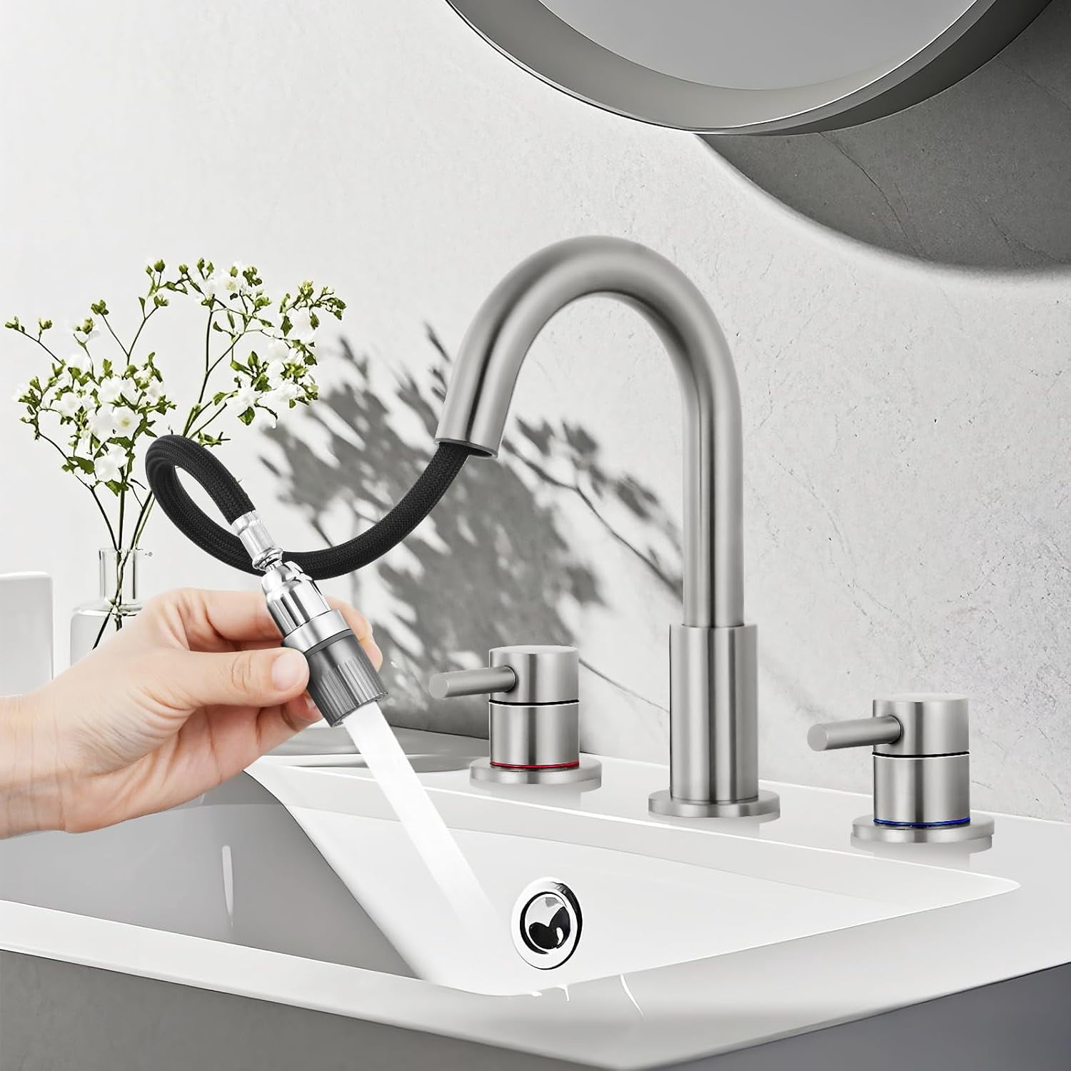 Widespread Bathroom Faucet 3 Hole 8 inch Bathroom Sink Faucet with Pull ...
