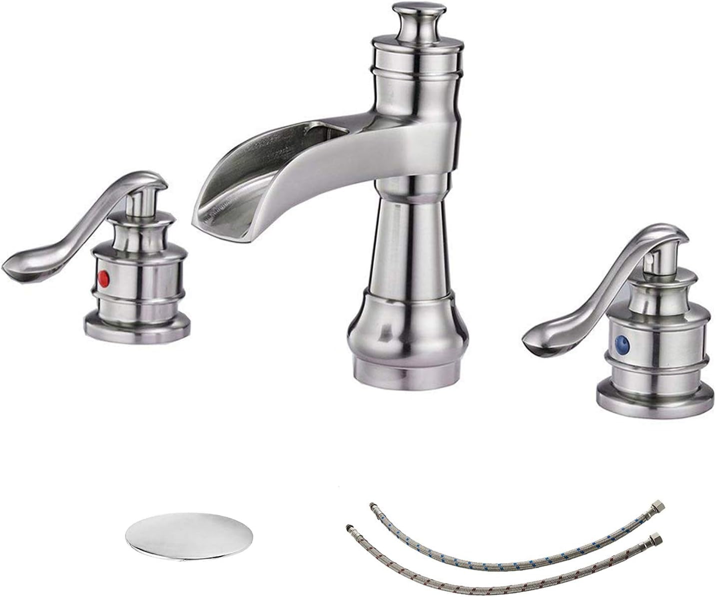 Widespread Bathroom Faucet Brushed Nickel Waterfall 2-Handle with Pop ...