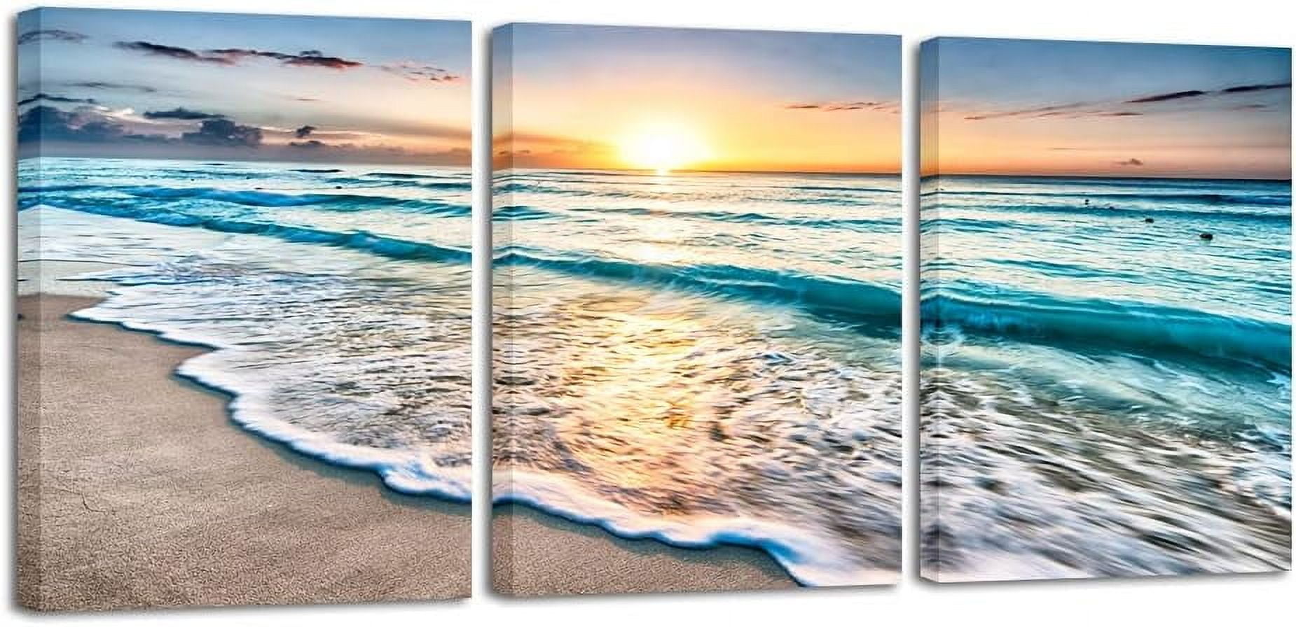 Wieco Art 3 Panel Blue Beach Canvas Wall Art for Home Decor Sunset ...
