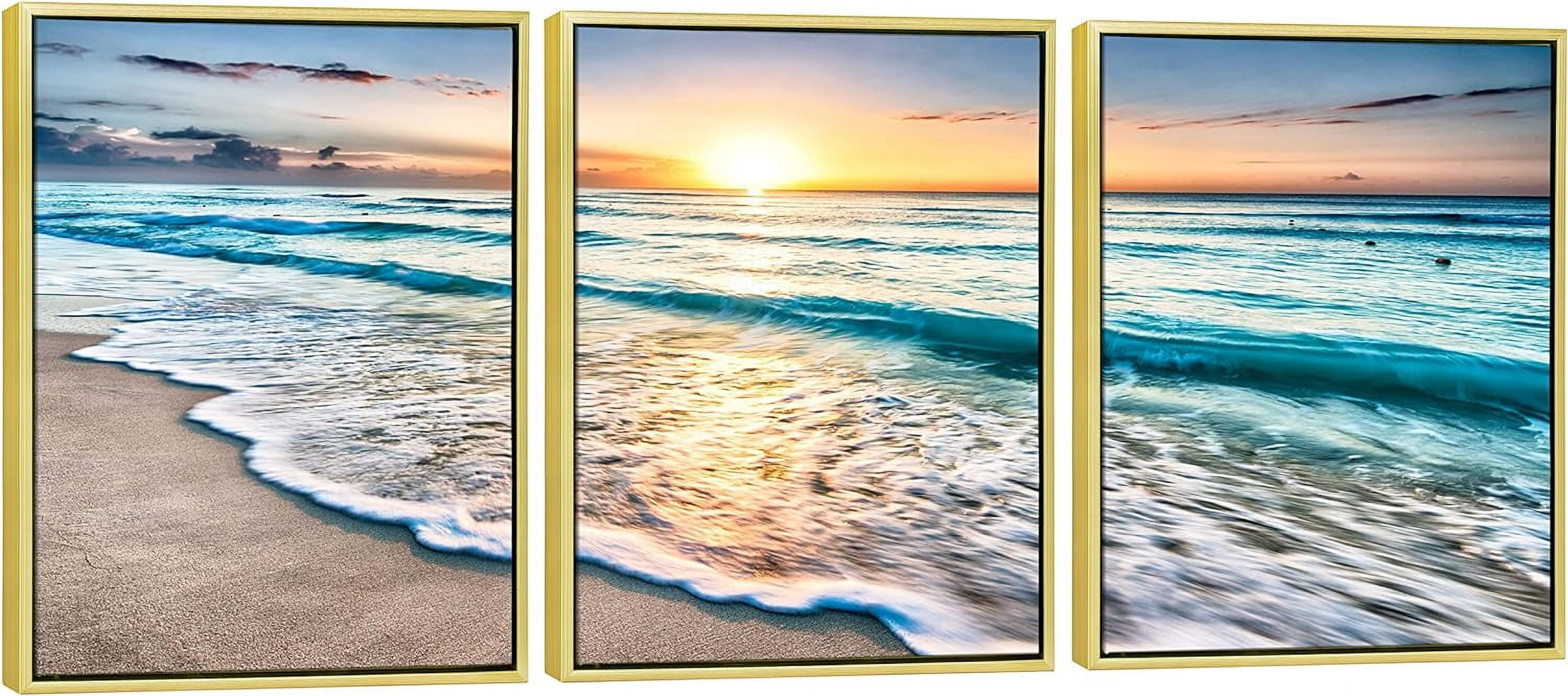 Wieco Art Framed Canvas Wall Art 3 Panel Blue Beach for Home Decor ...