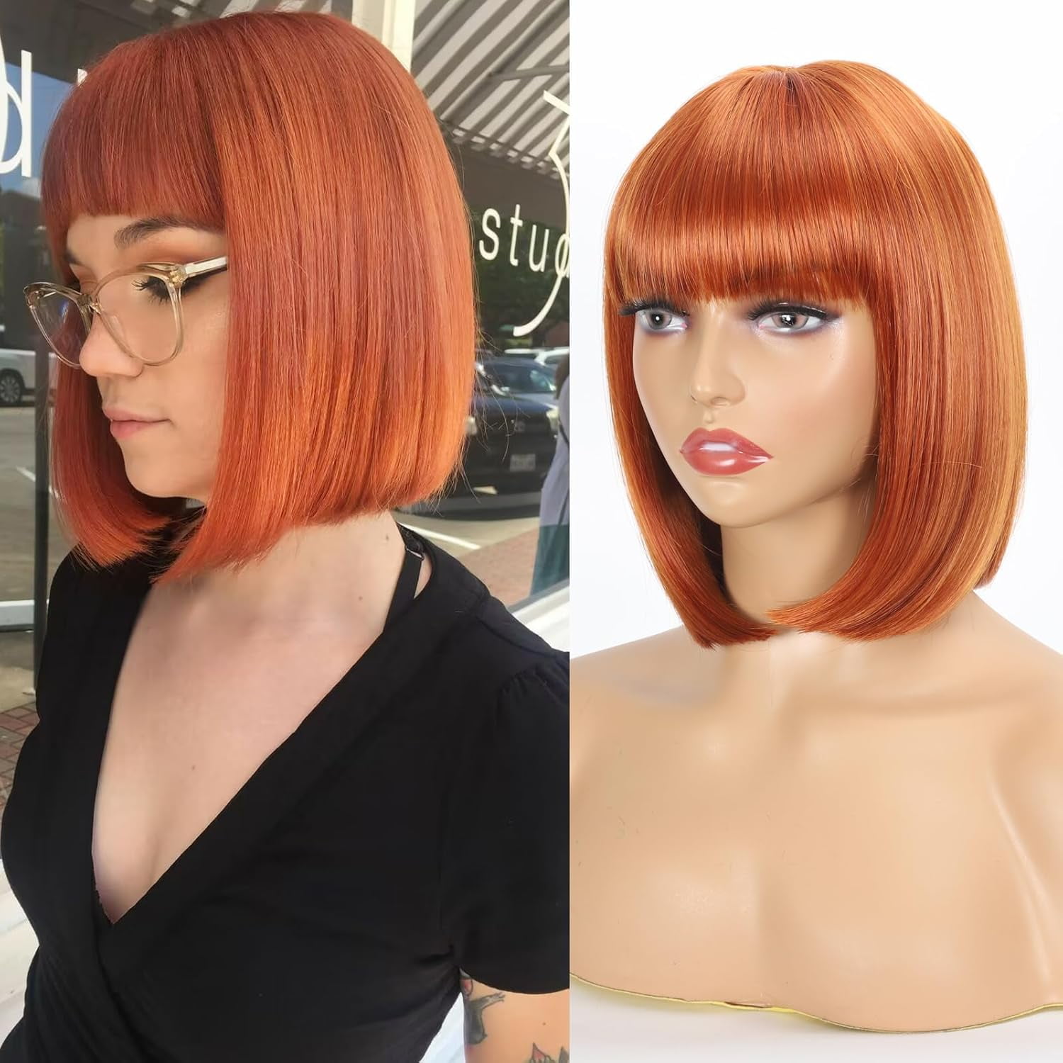 Wig With Bangs 12 Inch Ginger color Bob Wig for Women Natural Looking ...