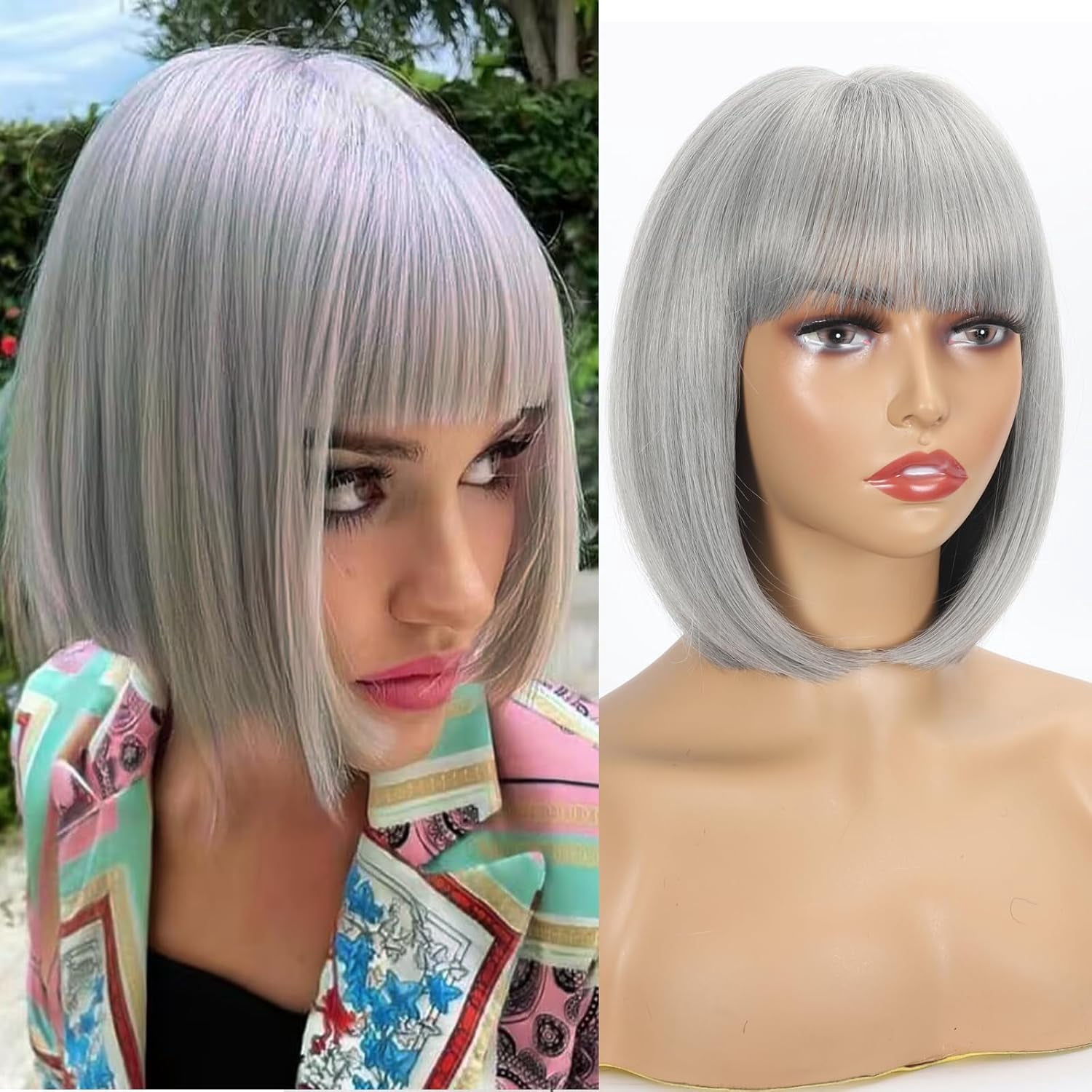 Wig With Bangs 12 Inch Mix Grey color Bob Wig for Women Natural Looking ...