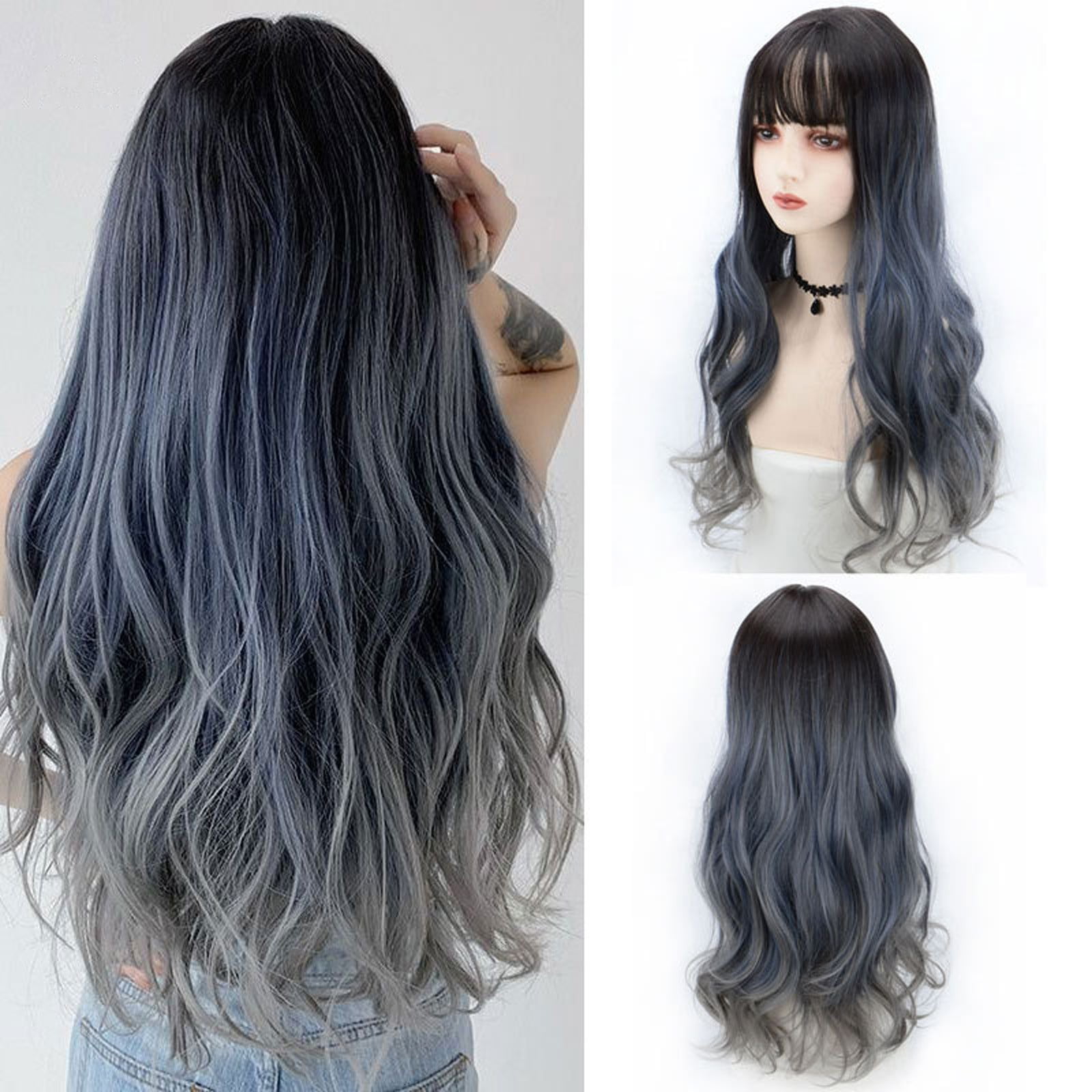 Wig Female Long Hair Big Wave Gradient Blue Gray Full Head Set The ...