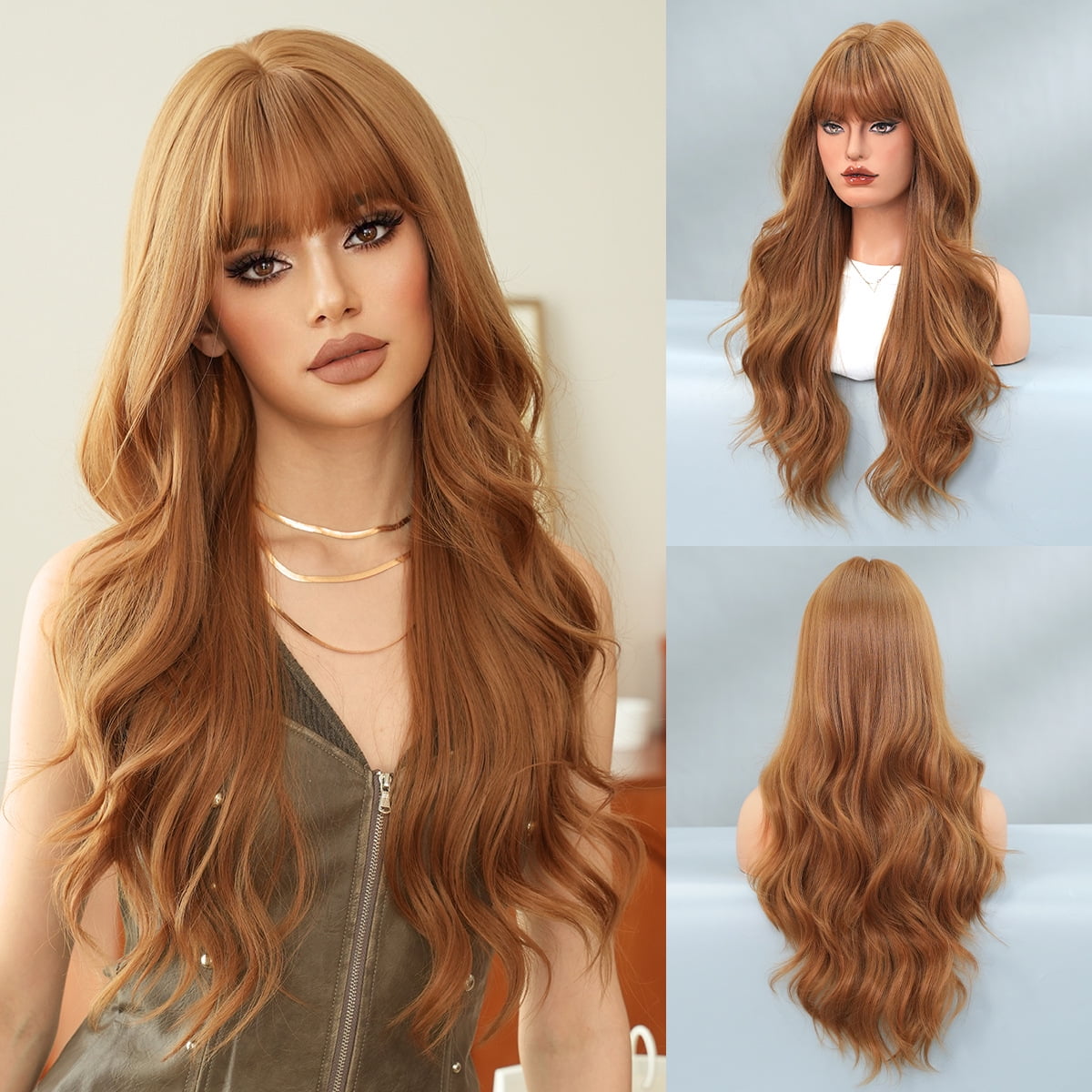 Wig Long Curly Hair with Bangs Big Waves Head Cover Rose Net Chemical ...