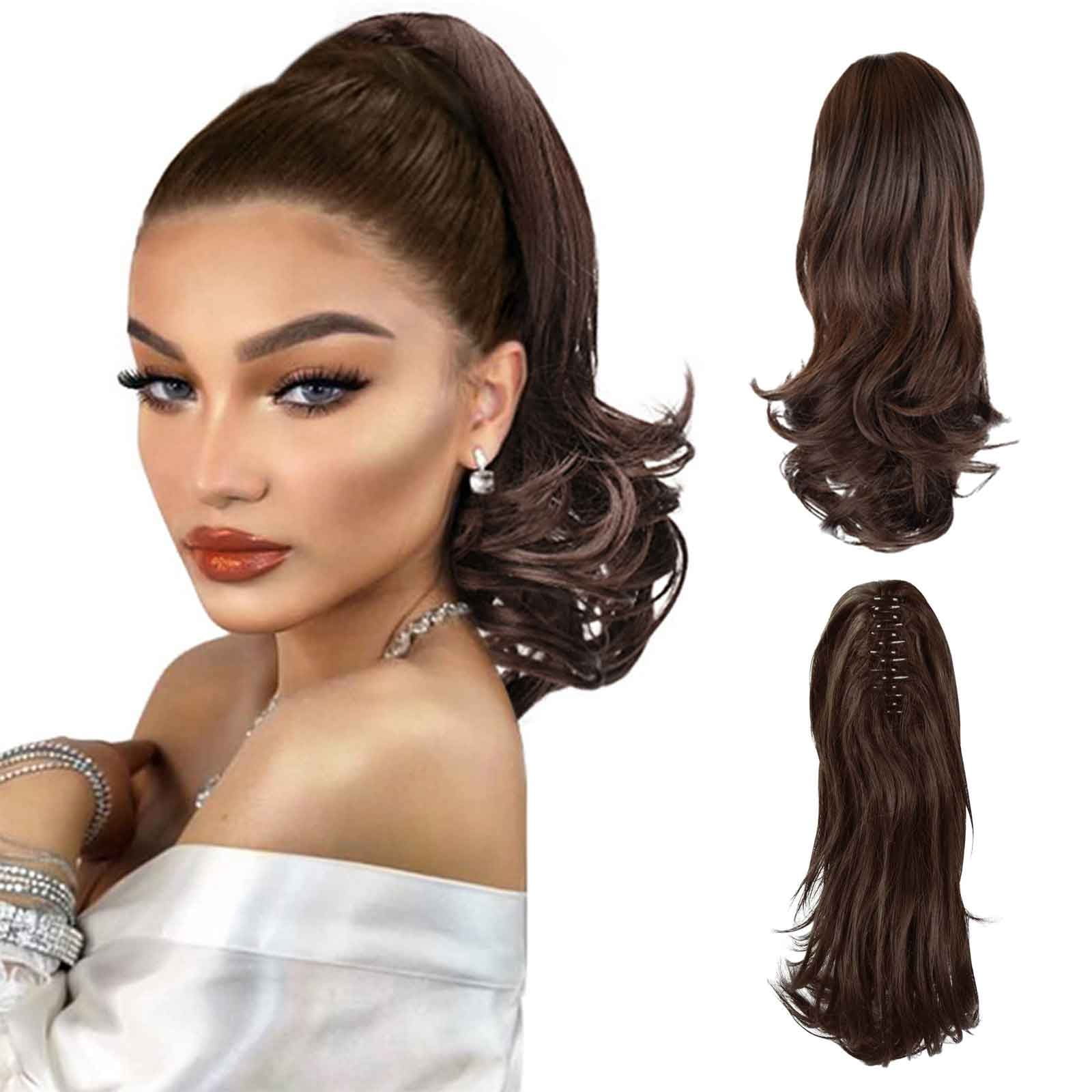 Wigs Human Hair Brown Ponytail Extension Curly Wavy In Hairpiece Long ...