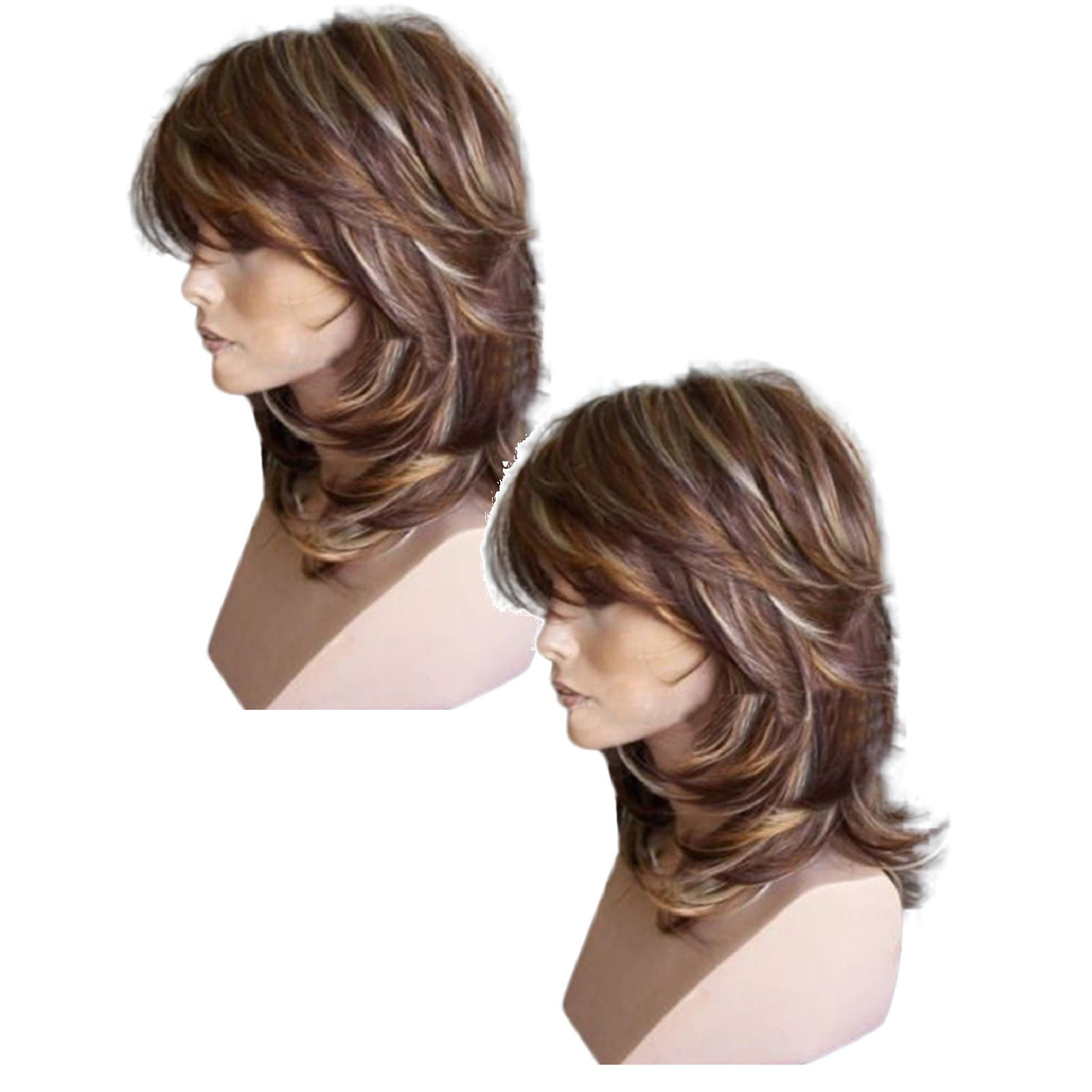 Wigs Human Hair,Synthetic Layered Medium Highlighted Slightly Side Wig ...