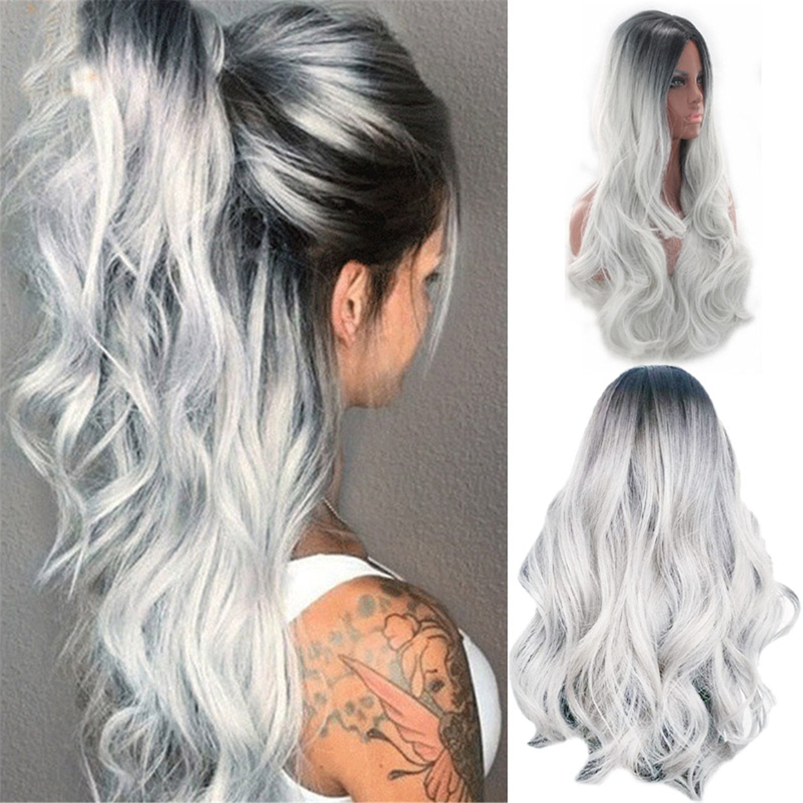 Wigs for Women Full Head Cover Ladies Gray Gradient Silk Hair Set Long ...