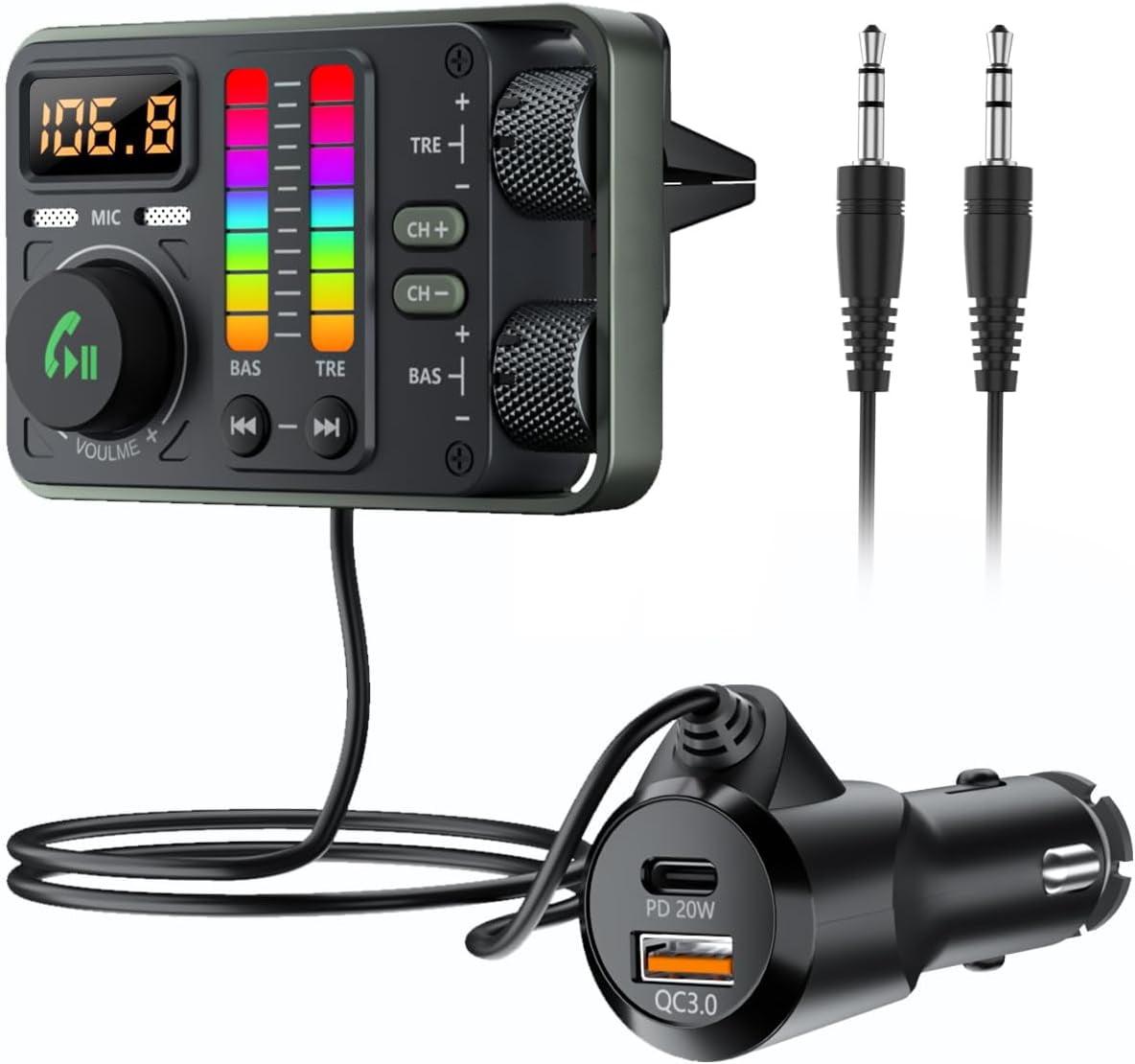 Wiher Bluetooth 5.3 Car FM Transmitter, Hi-Fi Treble & Bass Music ...