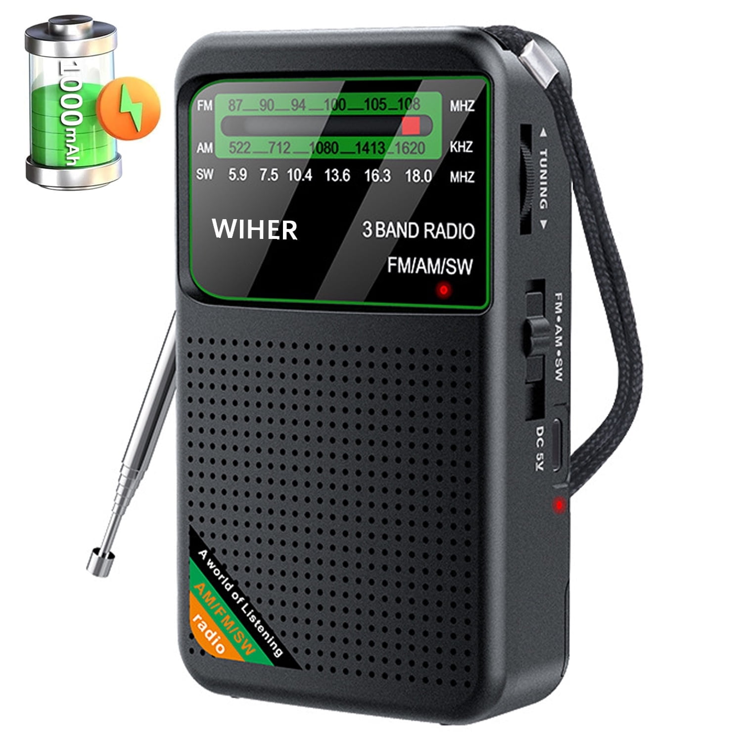 Wiher Portable AM FM SW Radio,Small Transistor Radio with 1000mAh ...
