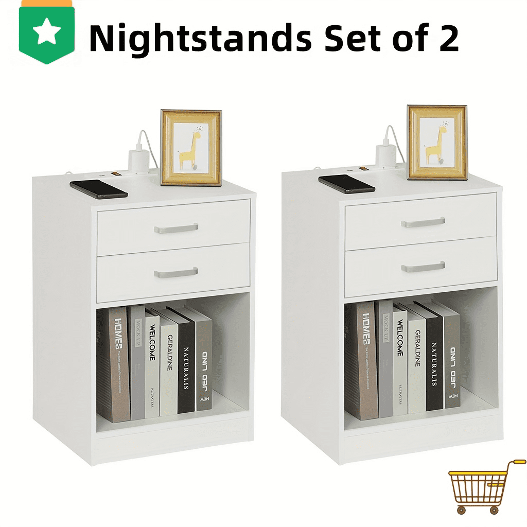 Wihte Nightstands Set of 2,Night Stand with Charging Station & Drawers ...