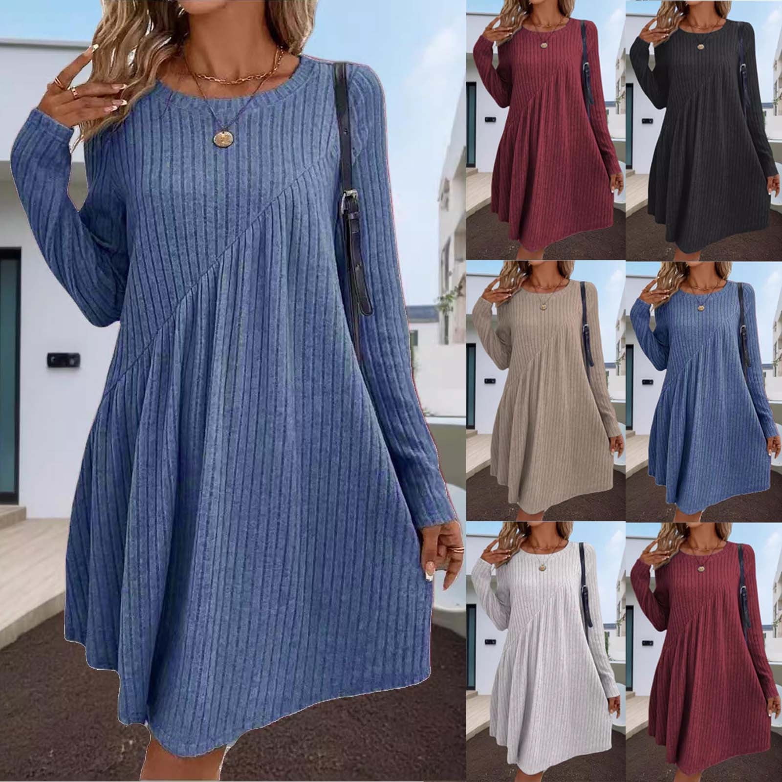 Wiicoznt Dresses for Women Madi Solid Color Crew Neck Long Sleeve Zip ...