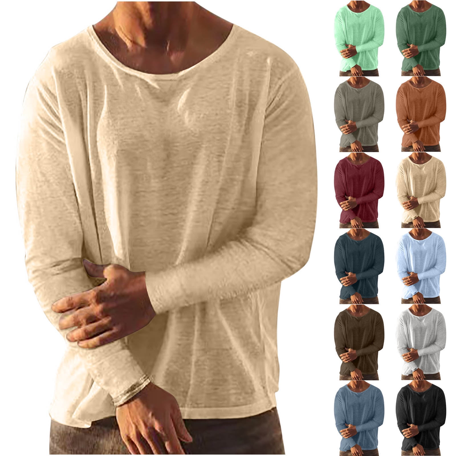 Wiicoznt Long Sleeve Shirts for Men Loose Solid Color Round Neck Work ...