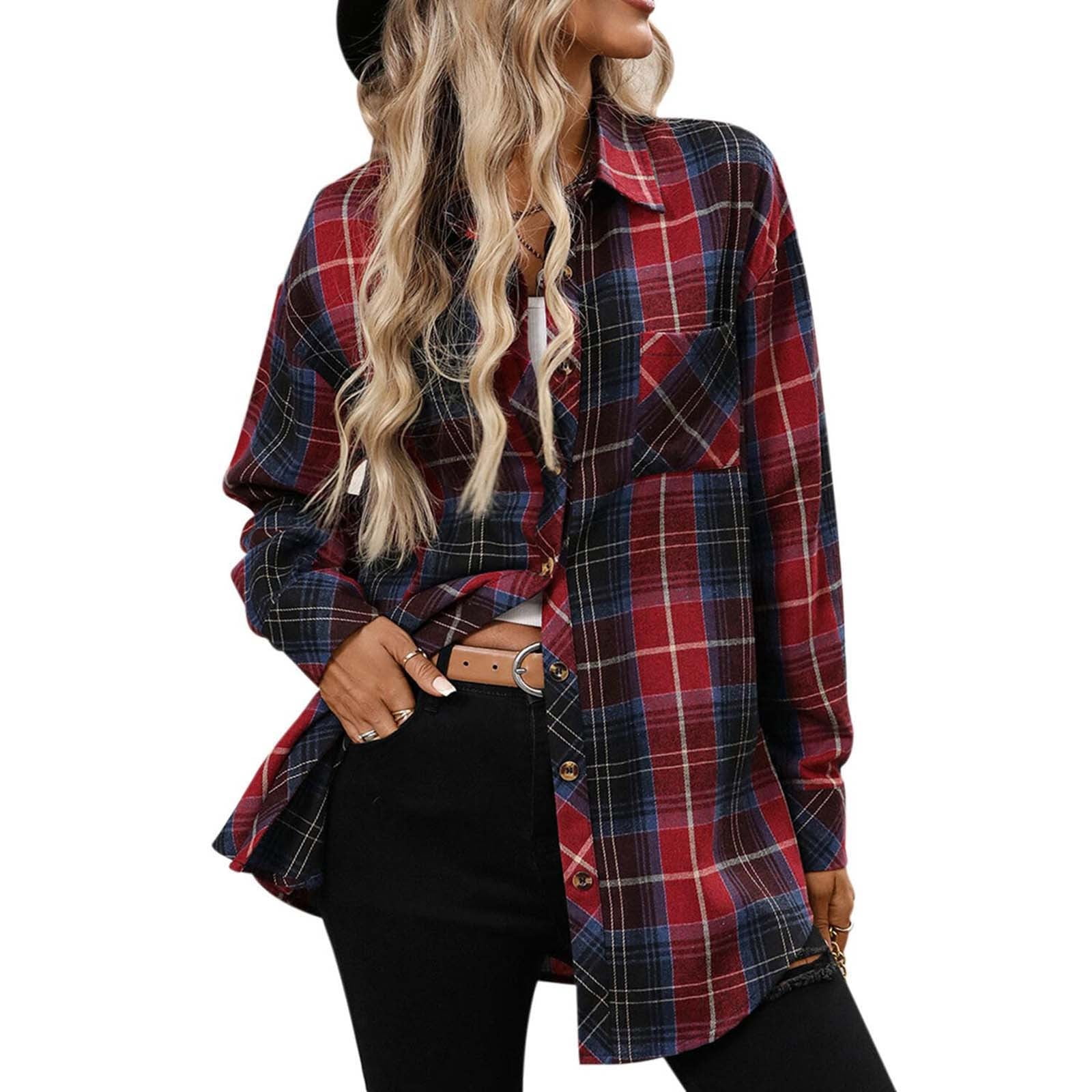 Wiicoznt Womens Button Down Flannel Shirts Plus Size Plaid Print Long ...