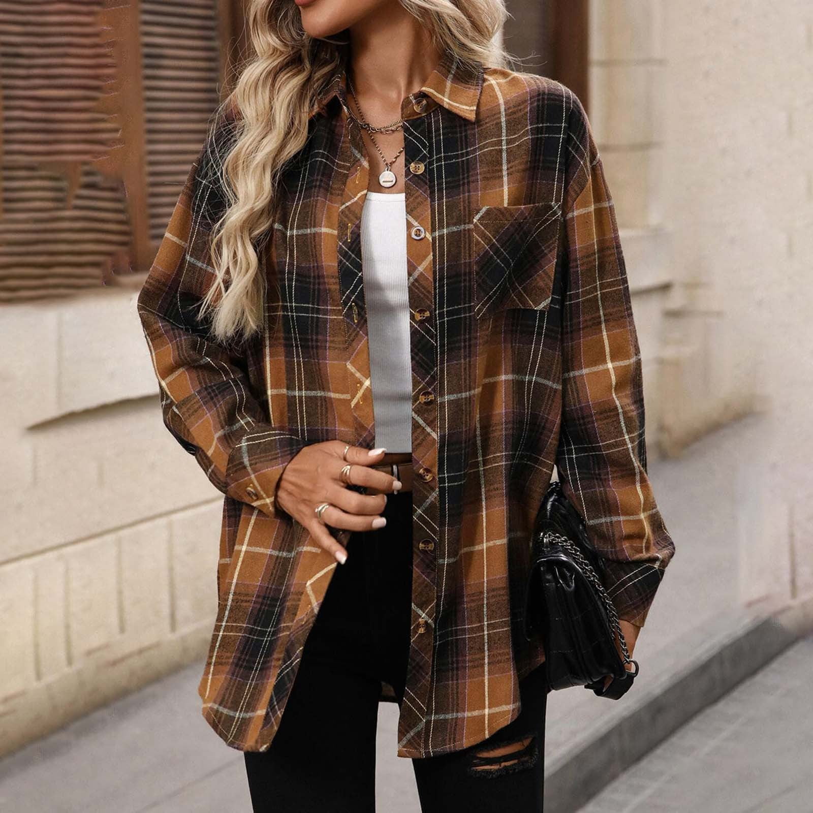 Flannel Shirt Women Plaid Print Oversized Button Down Long Sleeve ...