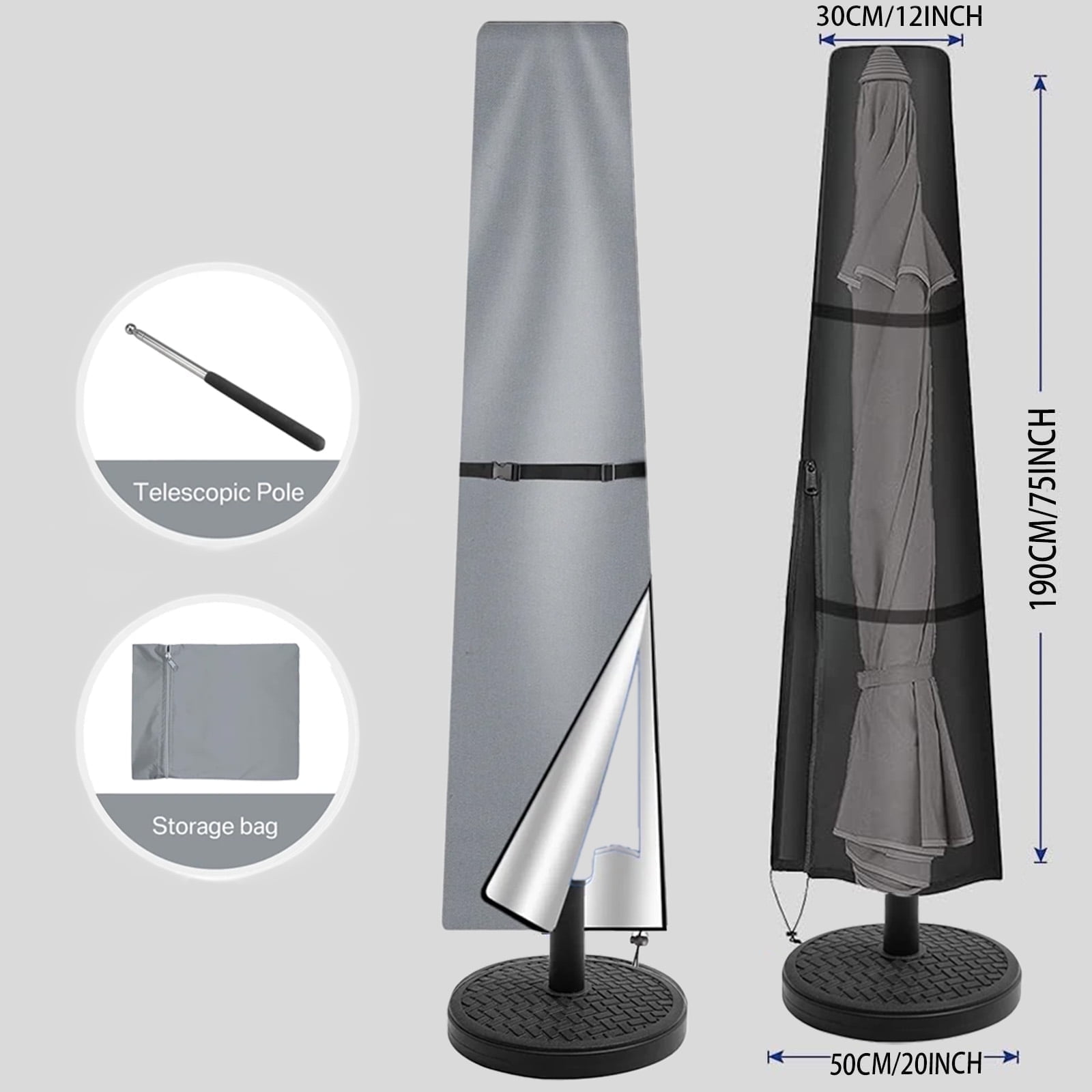 Debonair Patio Umbrella Cover, Gray Solid Print, Waterproof Polyester, Mildew Protection ...