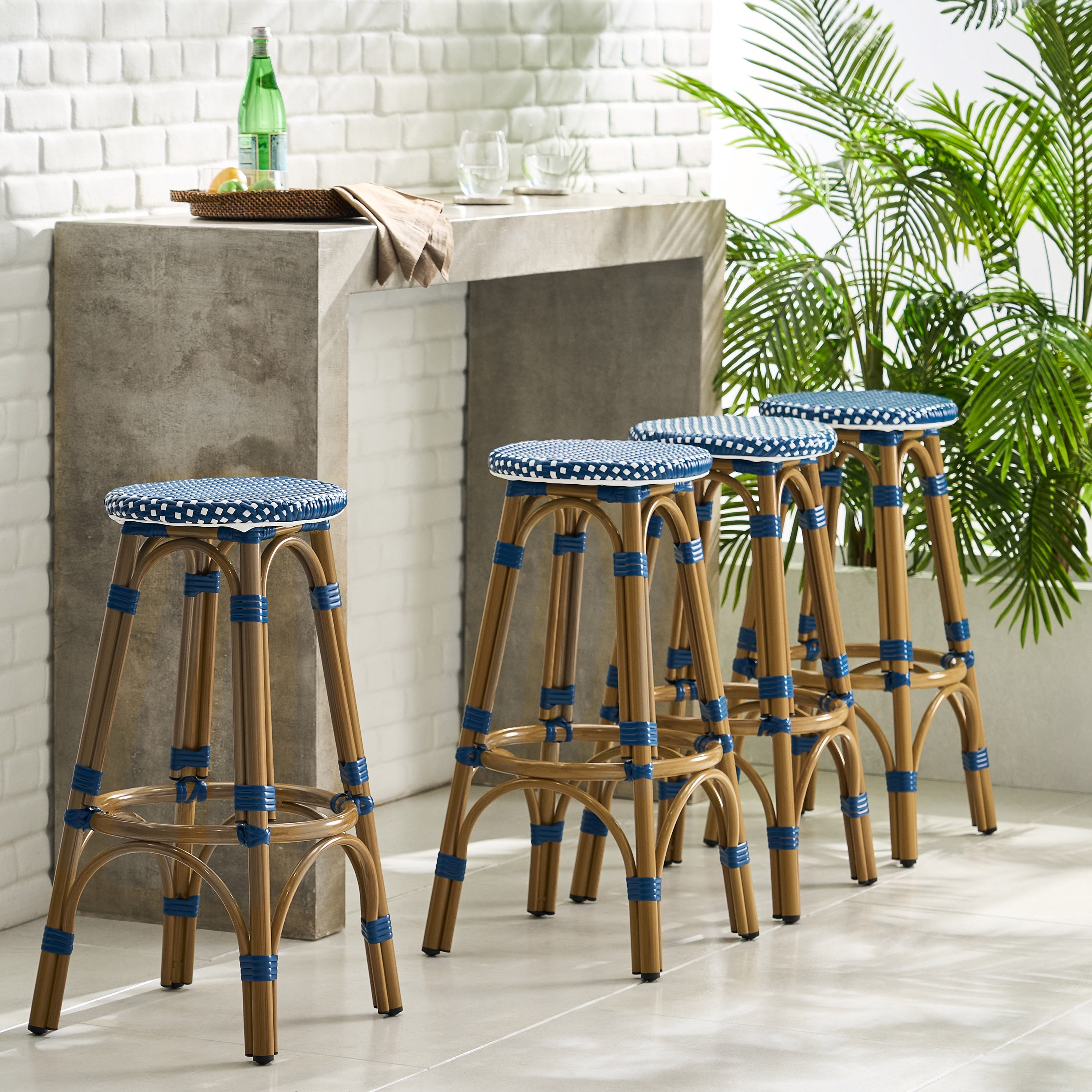 Wilbur Aluminum and Wicker Outdoor 29.5 Inch Barstools, Set of 4, Navy ...