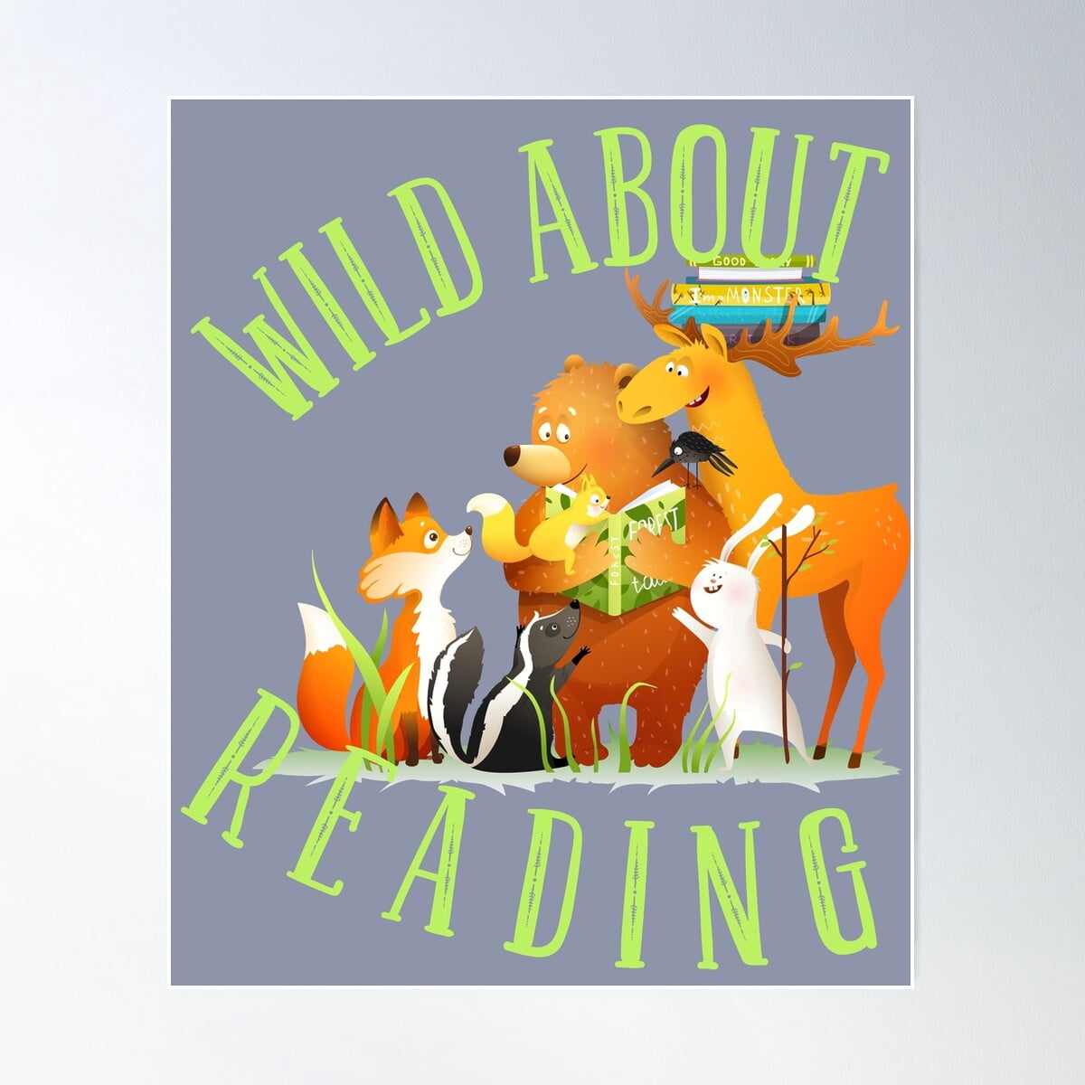 Wild About Reading, Cute Animals Kids Poster Wall Art, Modern Wall ...