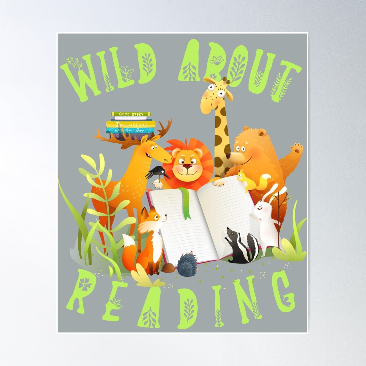 Wild About Reading, Cute Animals Reading Books Poster Wall Art, Modern ...