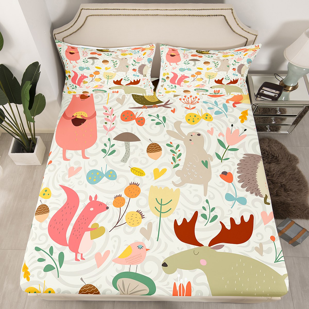 Wild Animal Full Fitted Sheet Cute Rabbit Fox Hedgehog Goat Bed Sheets ...
