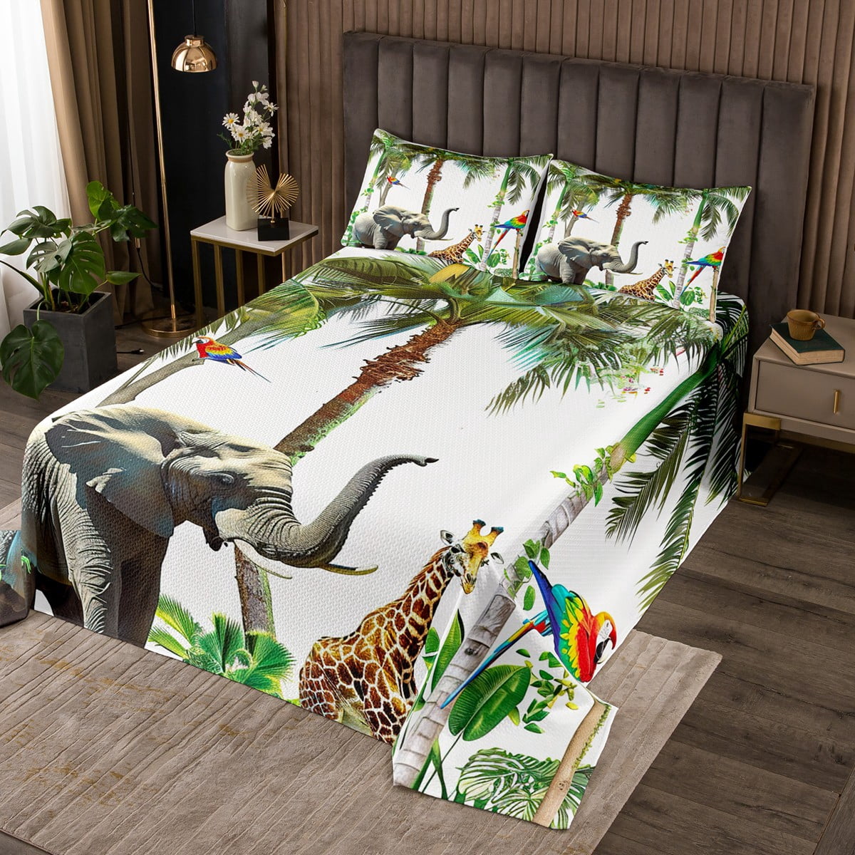 Wild Animals Bedspread Twin Size,Elephant Giraffe Parrot Hunt Adventure ...