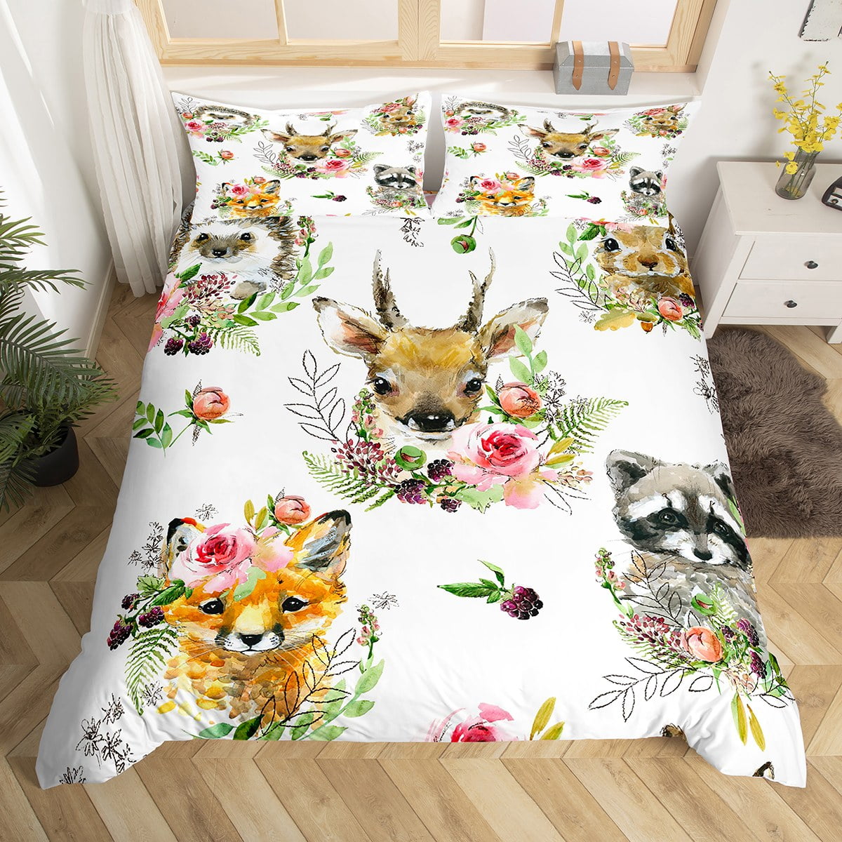 Wild Animals Comforter Cover Bohemian Floral Wreath Duvet Cover for ...